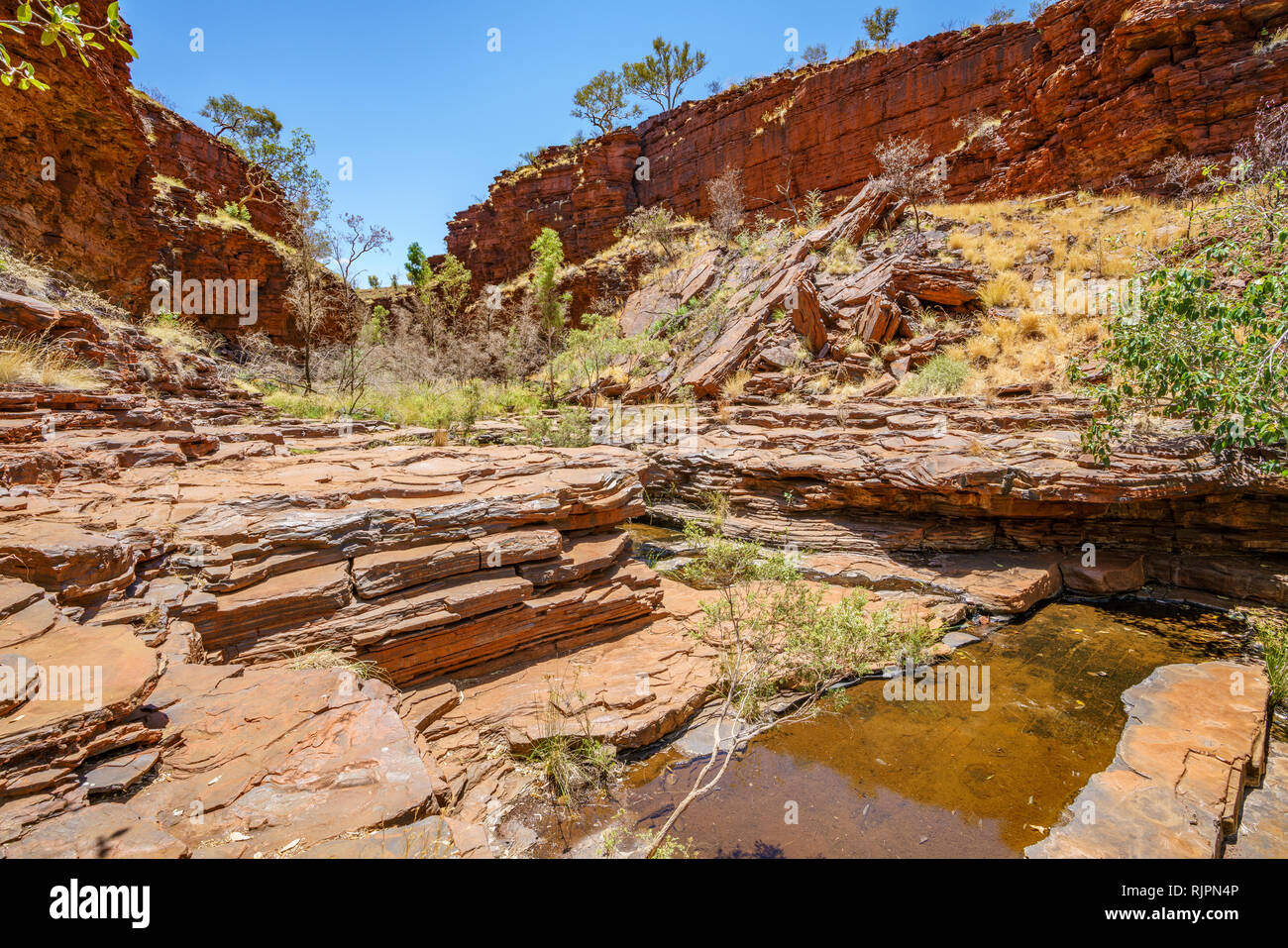 hiking down in the deep and narrow weano gorge in karijini national ...