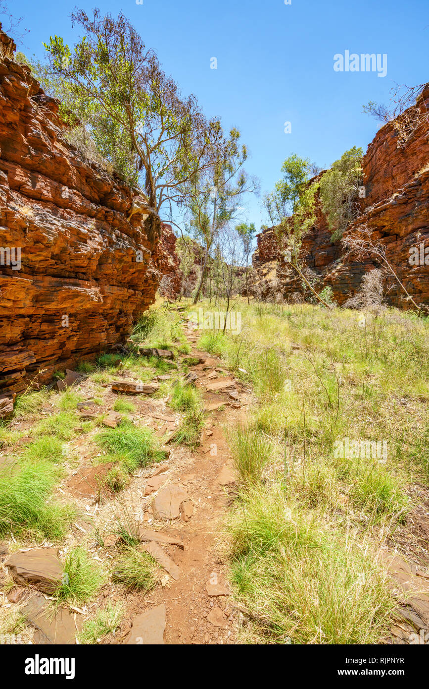 hiking down in the deep and narrow weano gorge in karijini national ...