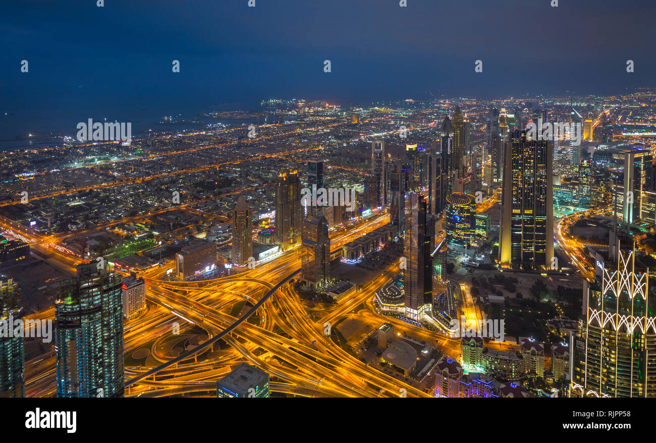 Skyscrapers along Sheikh Zayed Road at evening rush hour, Dubai, UAE ...