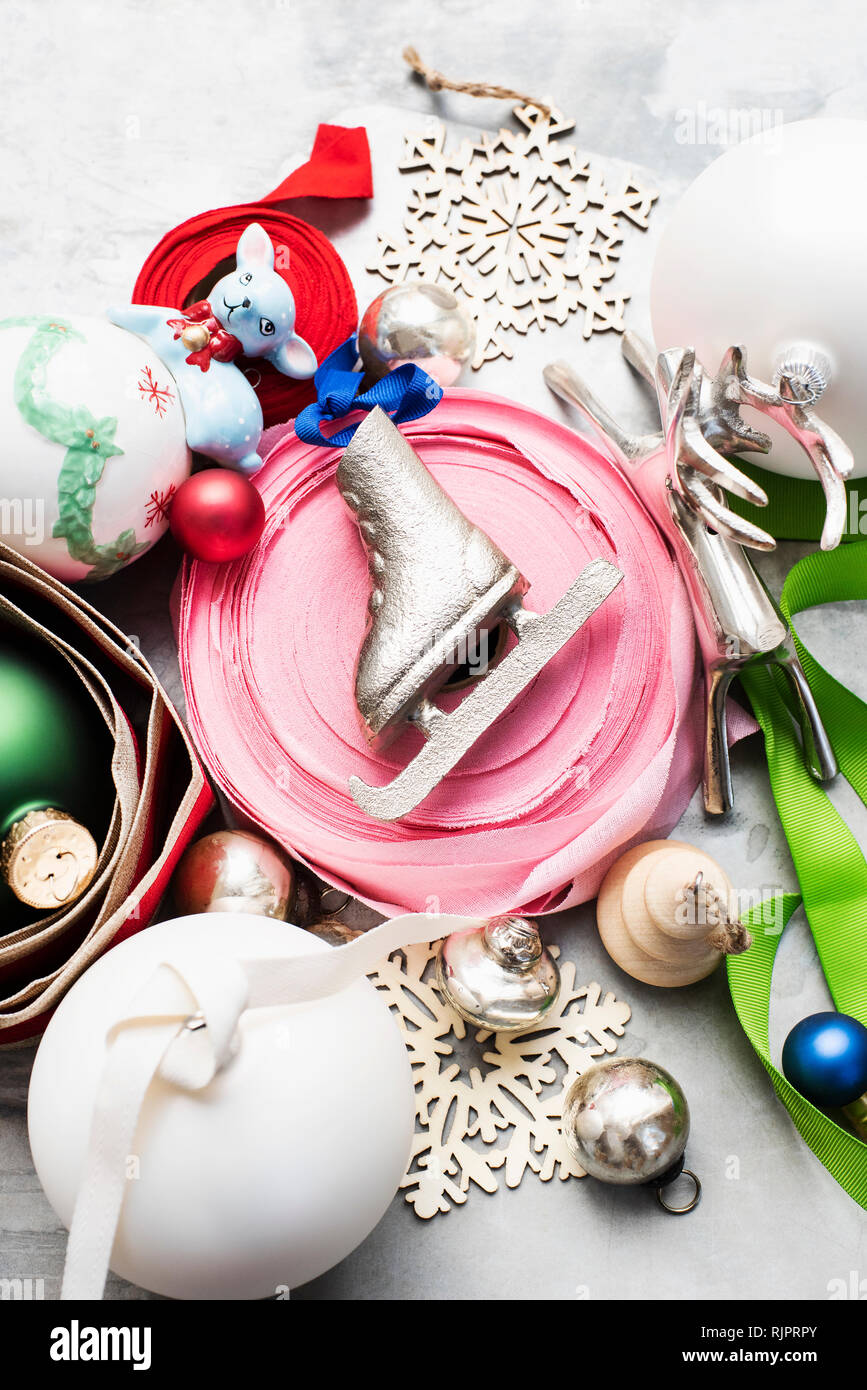 Christmas baubles, ornaments and ribbons Stock Photo - Alamy
