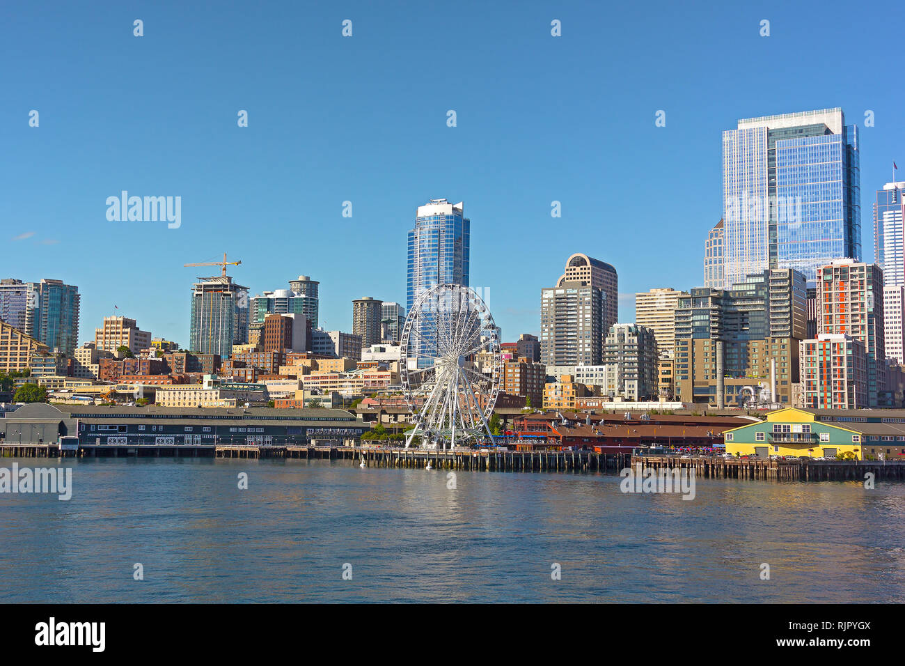 A view on Seattle downtown from the water of Puget Sound. Seattle city ...