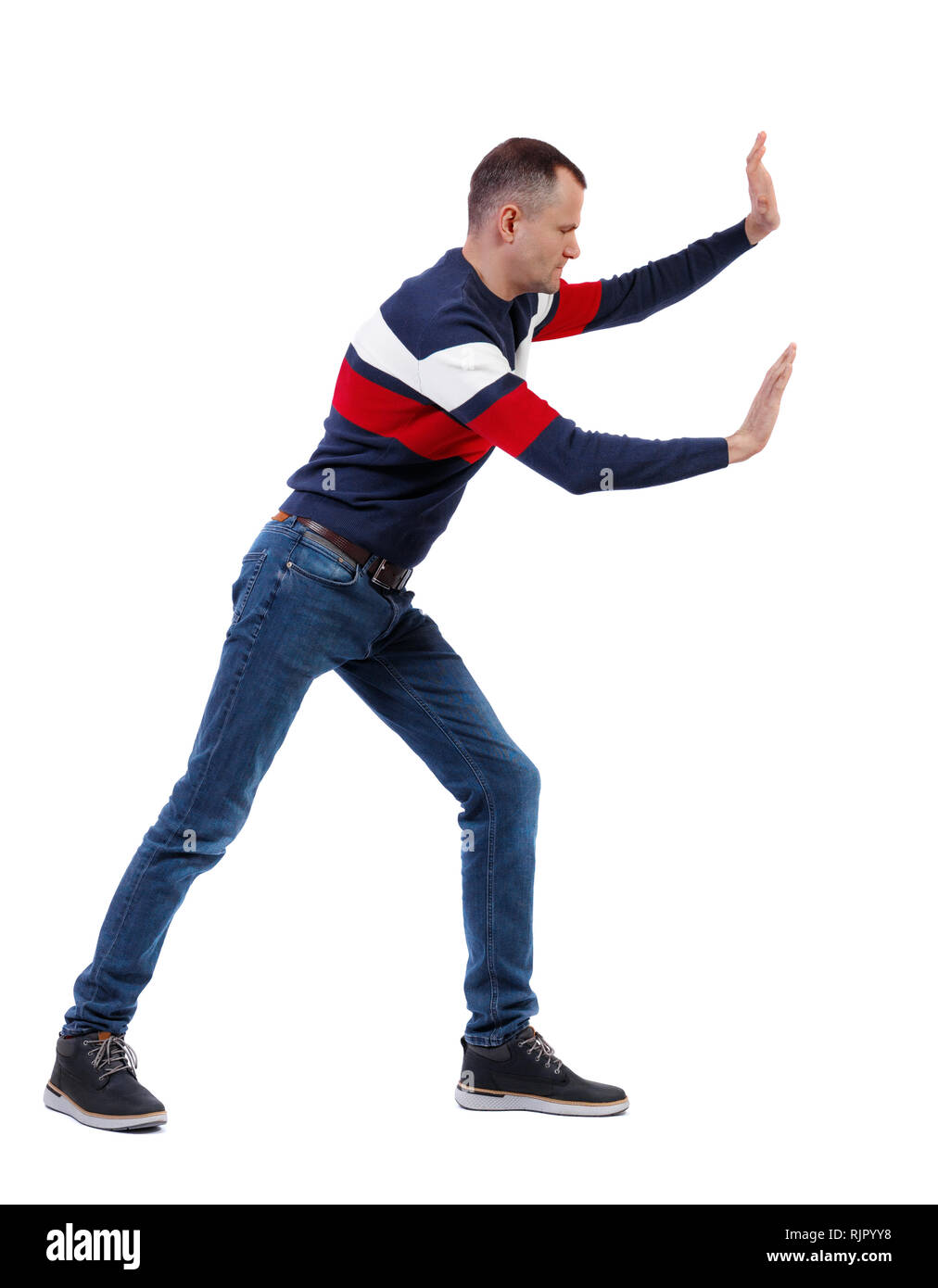 back view of man pushes wall. Isolated over white background. Rear view ...