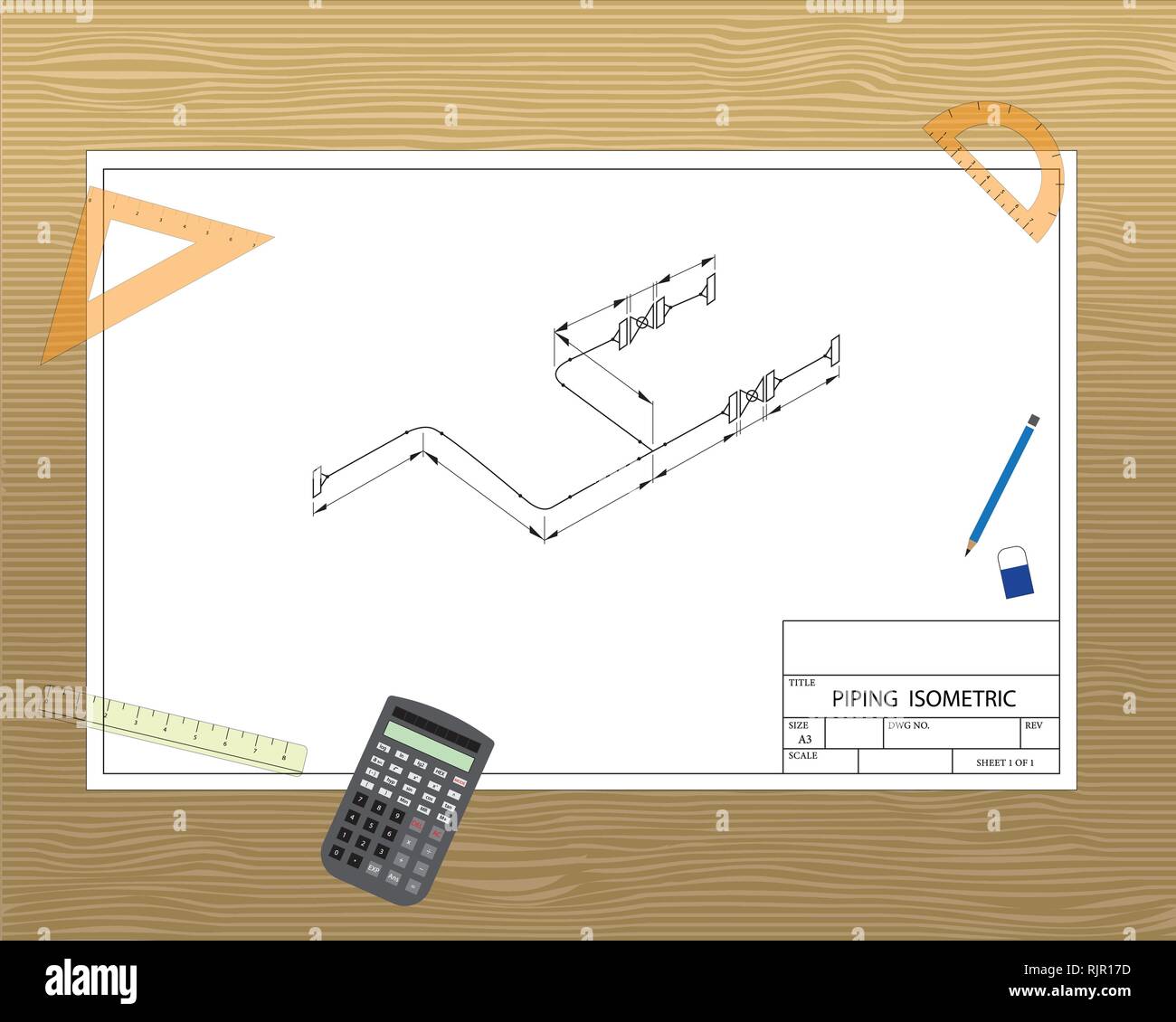 Piping isometric engineering drawing with stationary and calculator on ...