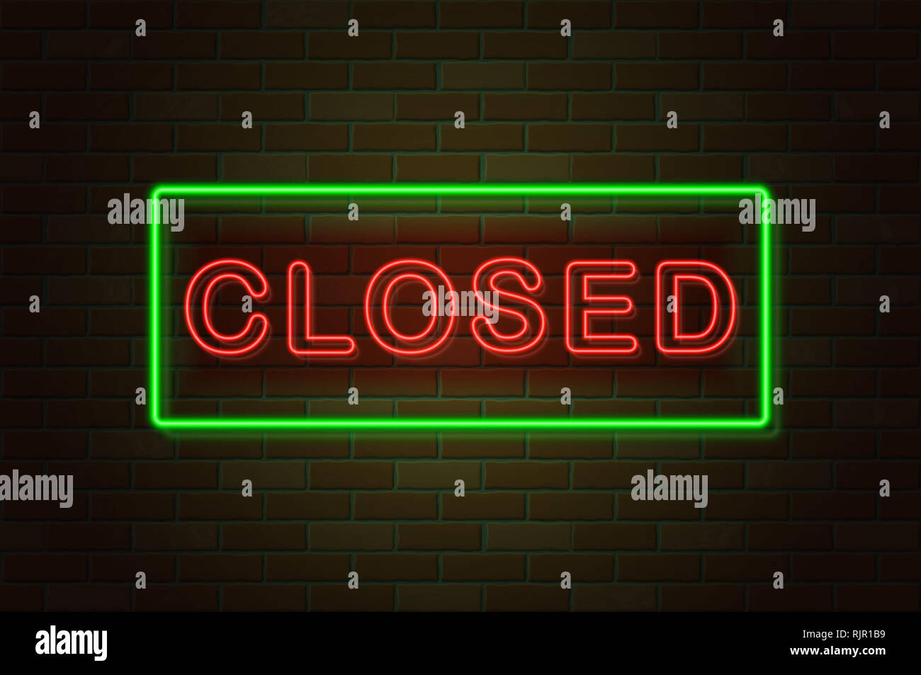 glowing neon signboard closed vector illustration on brick wall ...