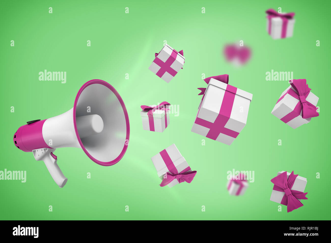 3d rendering of white and violet megaphone hangs on a green background ...