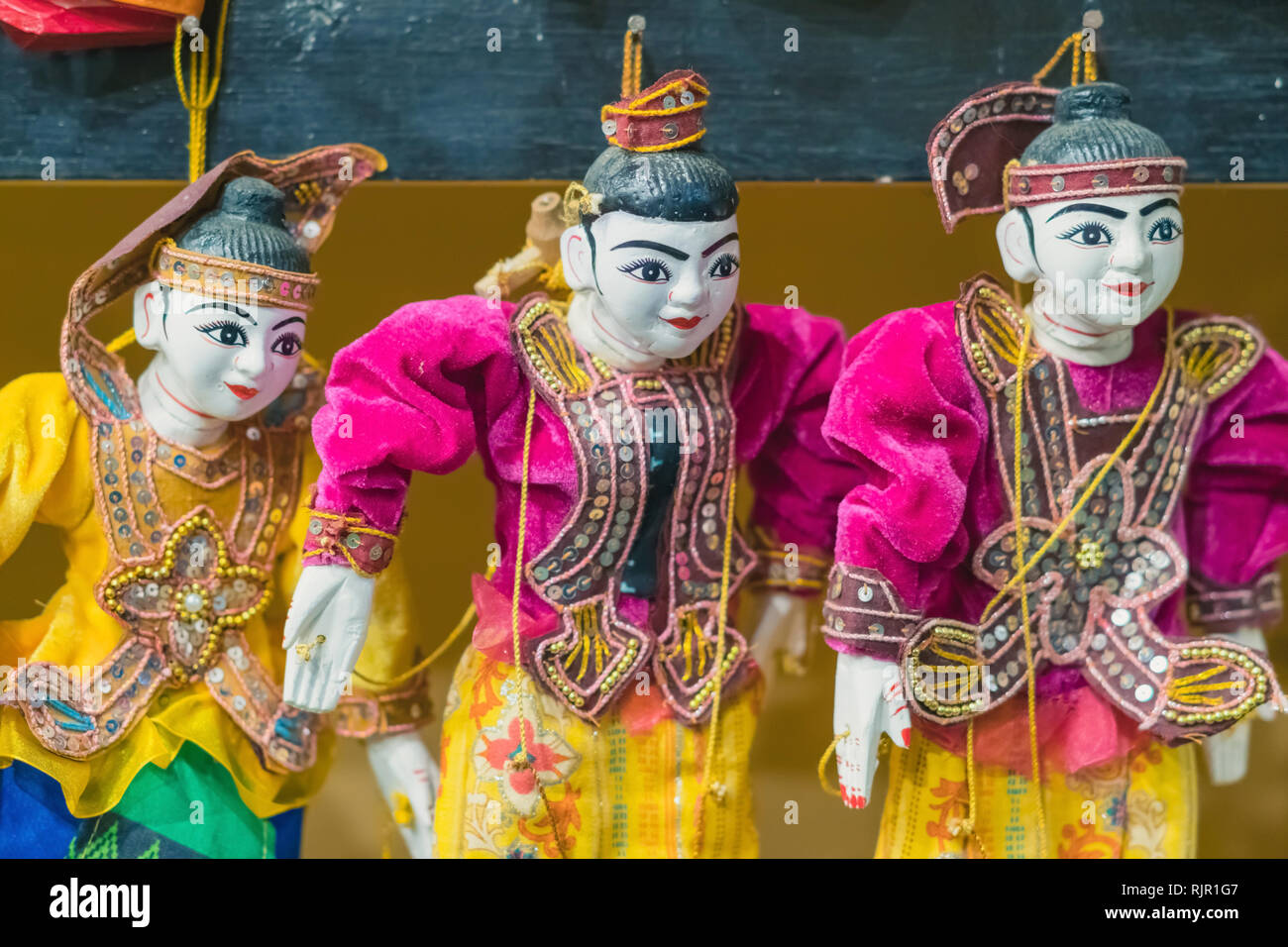 Traditional handicraft puppets for sale in the ancient pagoda in Bagan ...