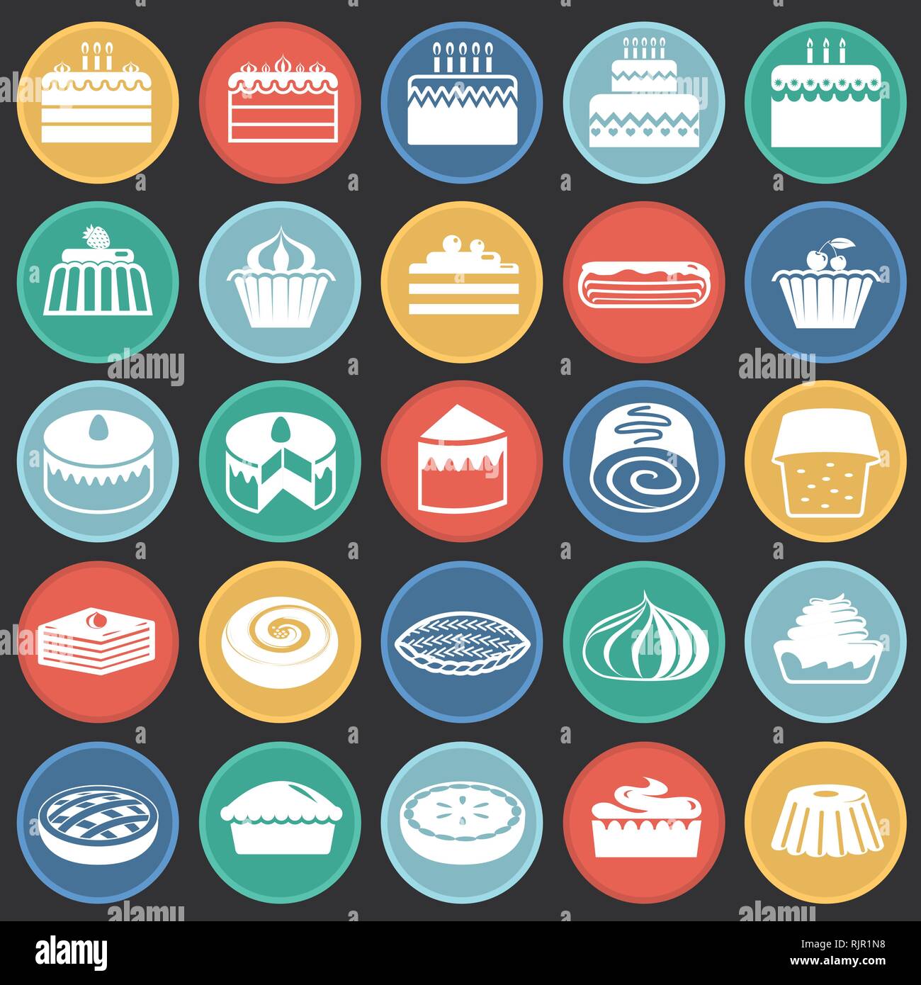 Cake icons set on color circles black background for graphic and web ...