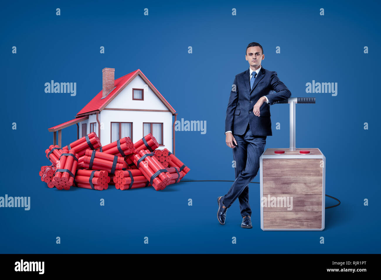 Businessman standing near old pump detonator with house and red ...
