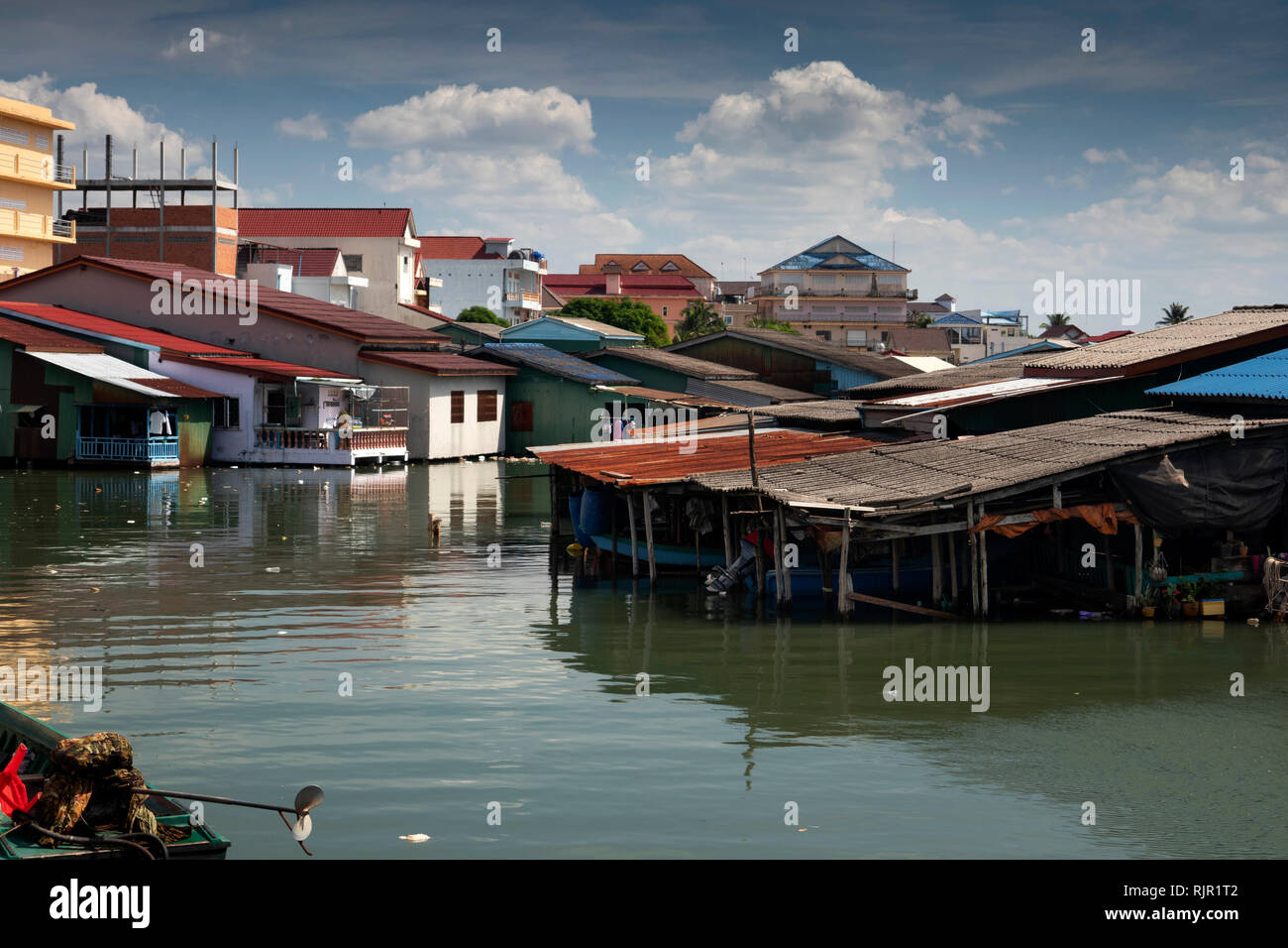 Cambodia, Preah Koh Kong, Krong Khemara Phoumin, modest riverside homes ...
