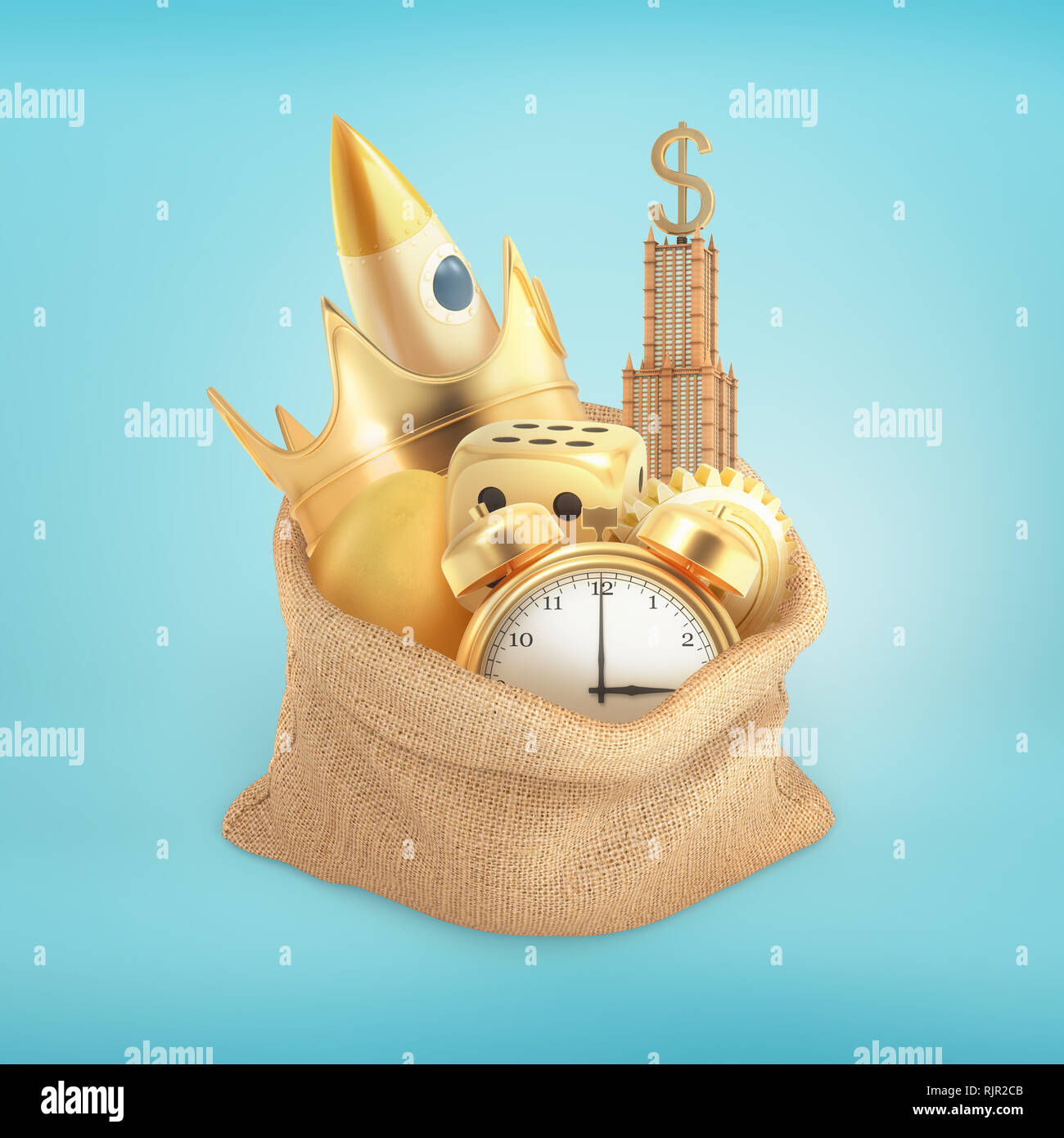 3d rendering of many golden wealth items, like an egg, an alarm clock ...
