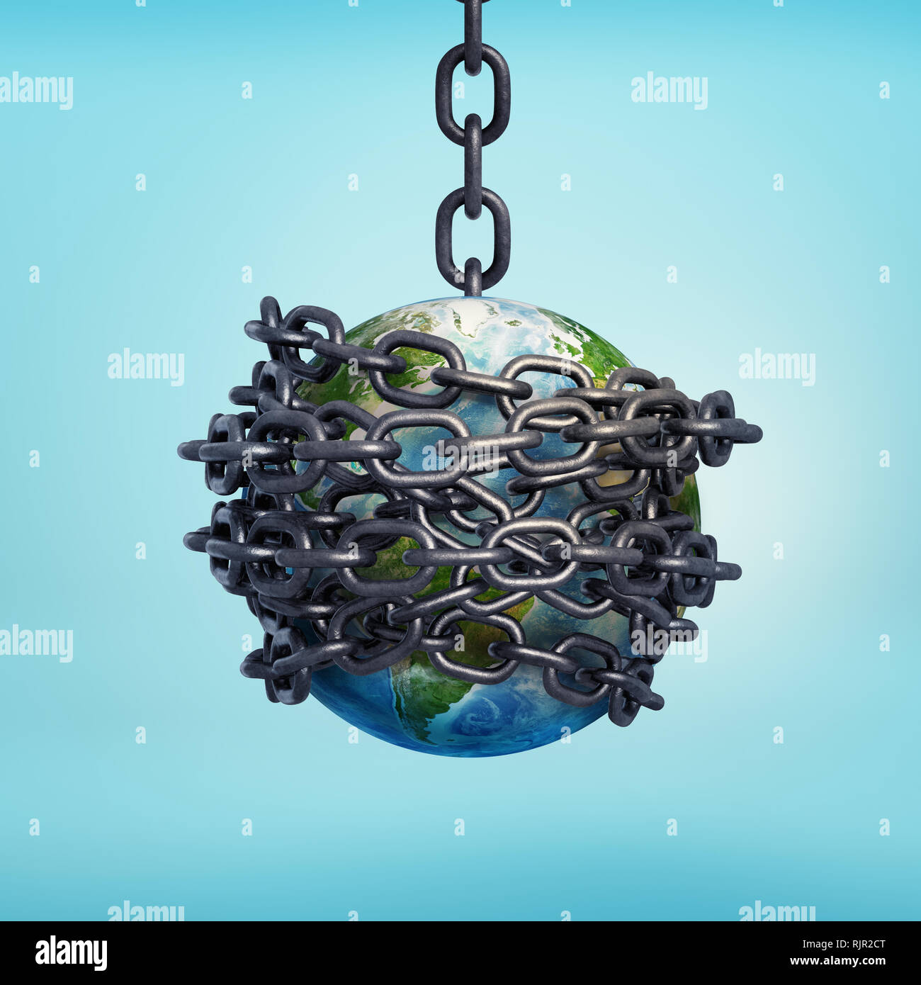 3d rendering of planet Earth hung on a chain and bound with chains all ...