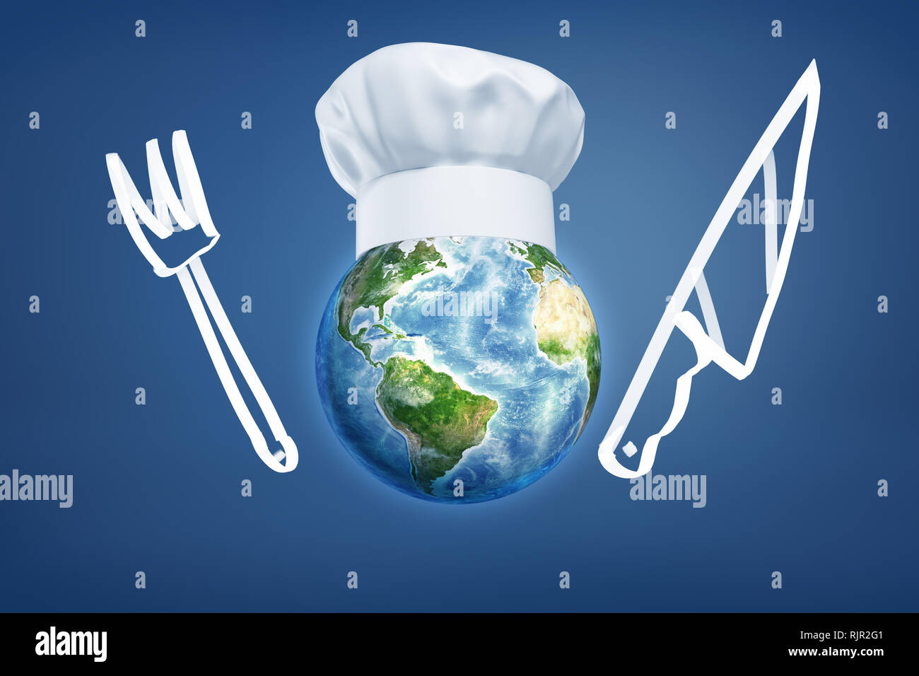 3d rendering of earth globe with chef hat, knife and fork drawn on blue ...