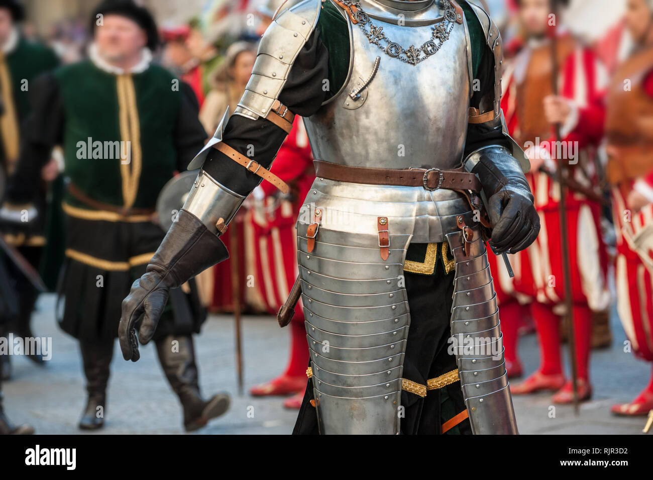 The inspection of the Medieval knight in body armor, during historical ...