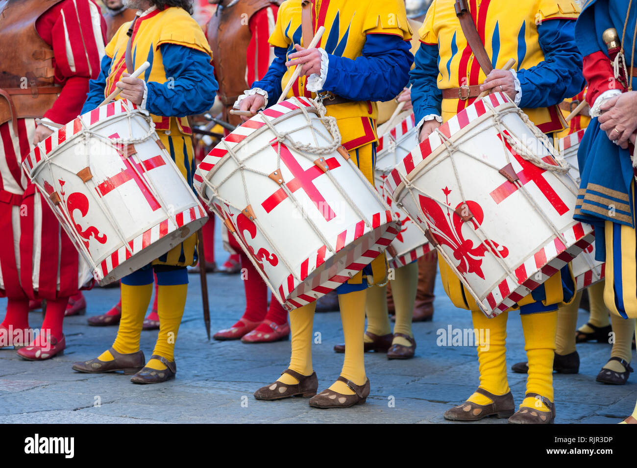 The traditional drummer procession during an historical reenactment in ...