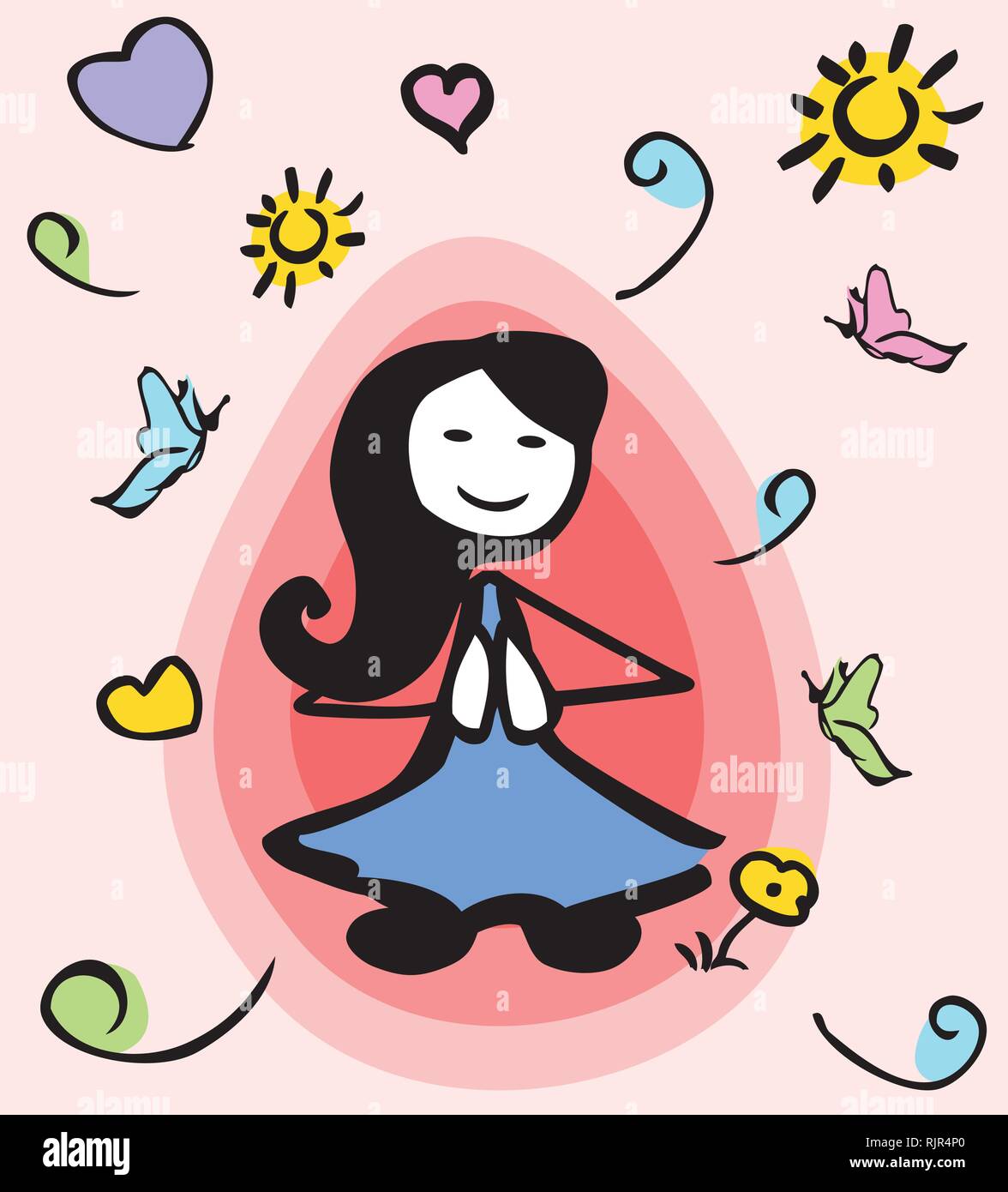 Asian female stick person sitting in lotus position and meditating ...