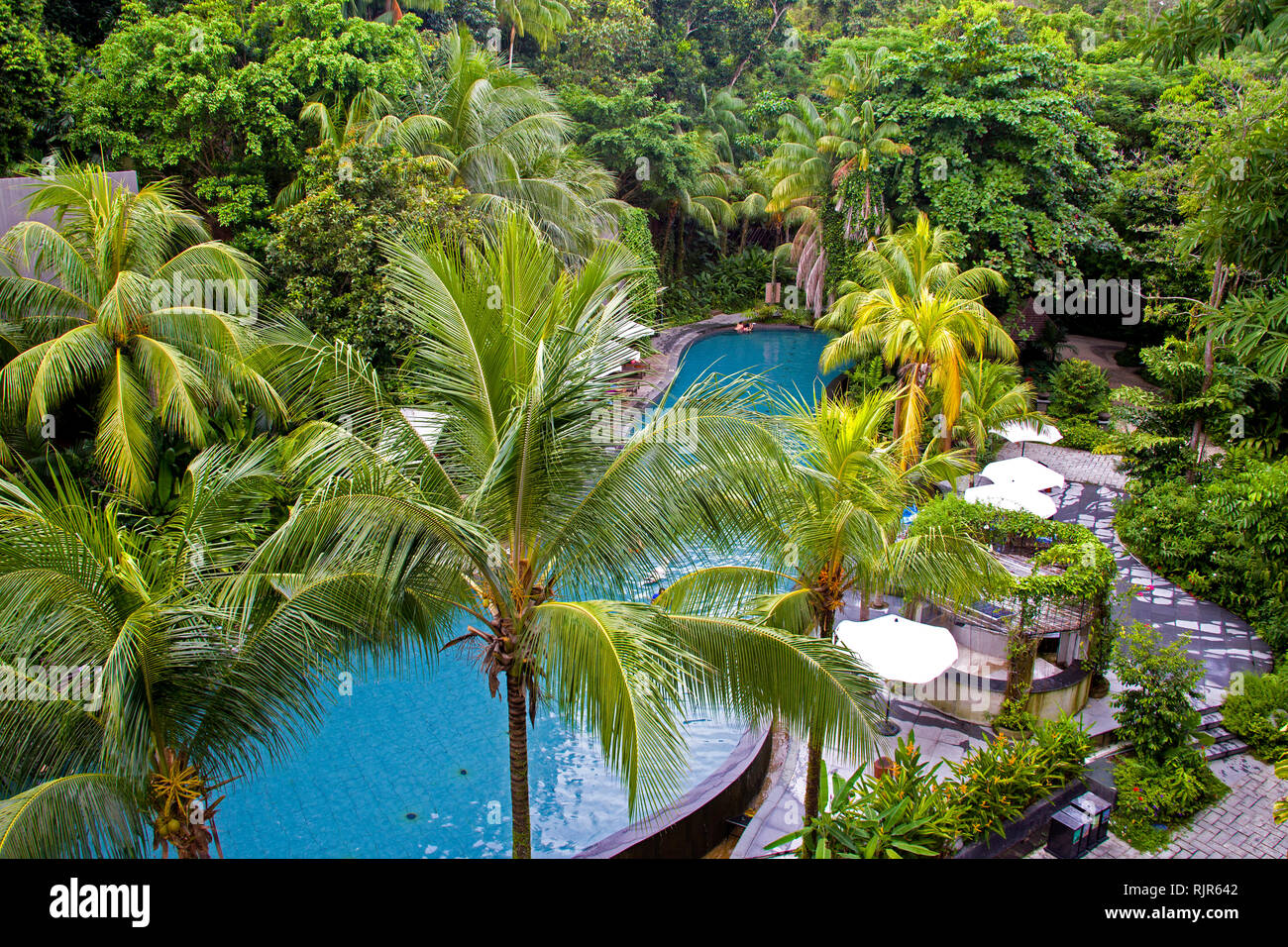 Amazing top view on swimming pool at tropical luxury hotel Stock Photo ...