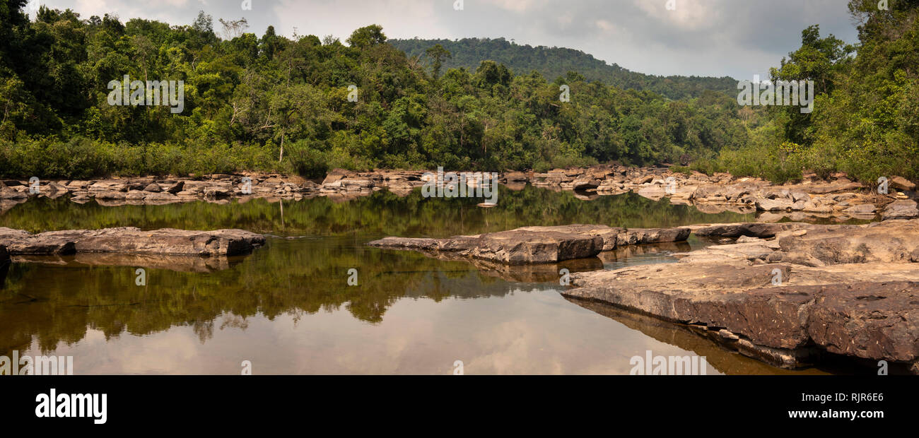 Cambodia, Koh Kong Province, Tatai, Waterfall, reflections in calm ...