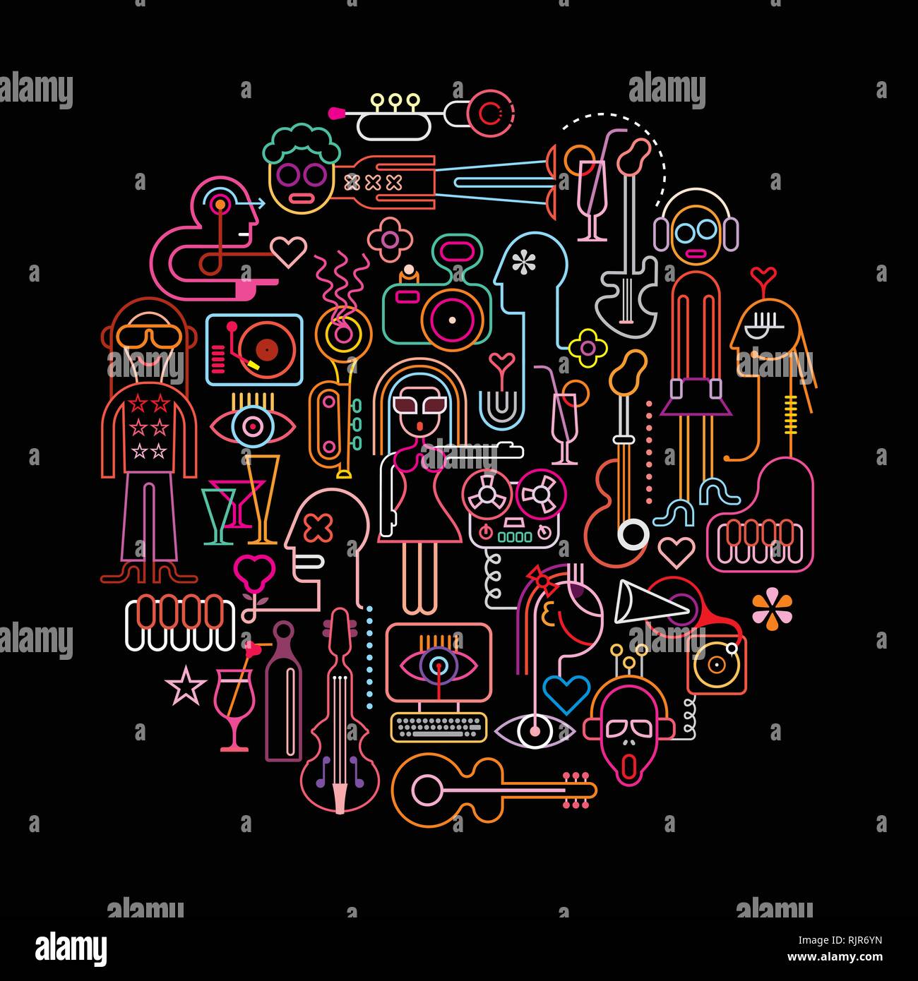 Disco Party round vector illustration. Neon colors silhouettes on black ...