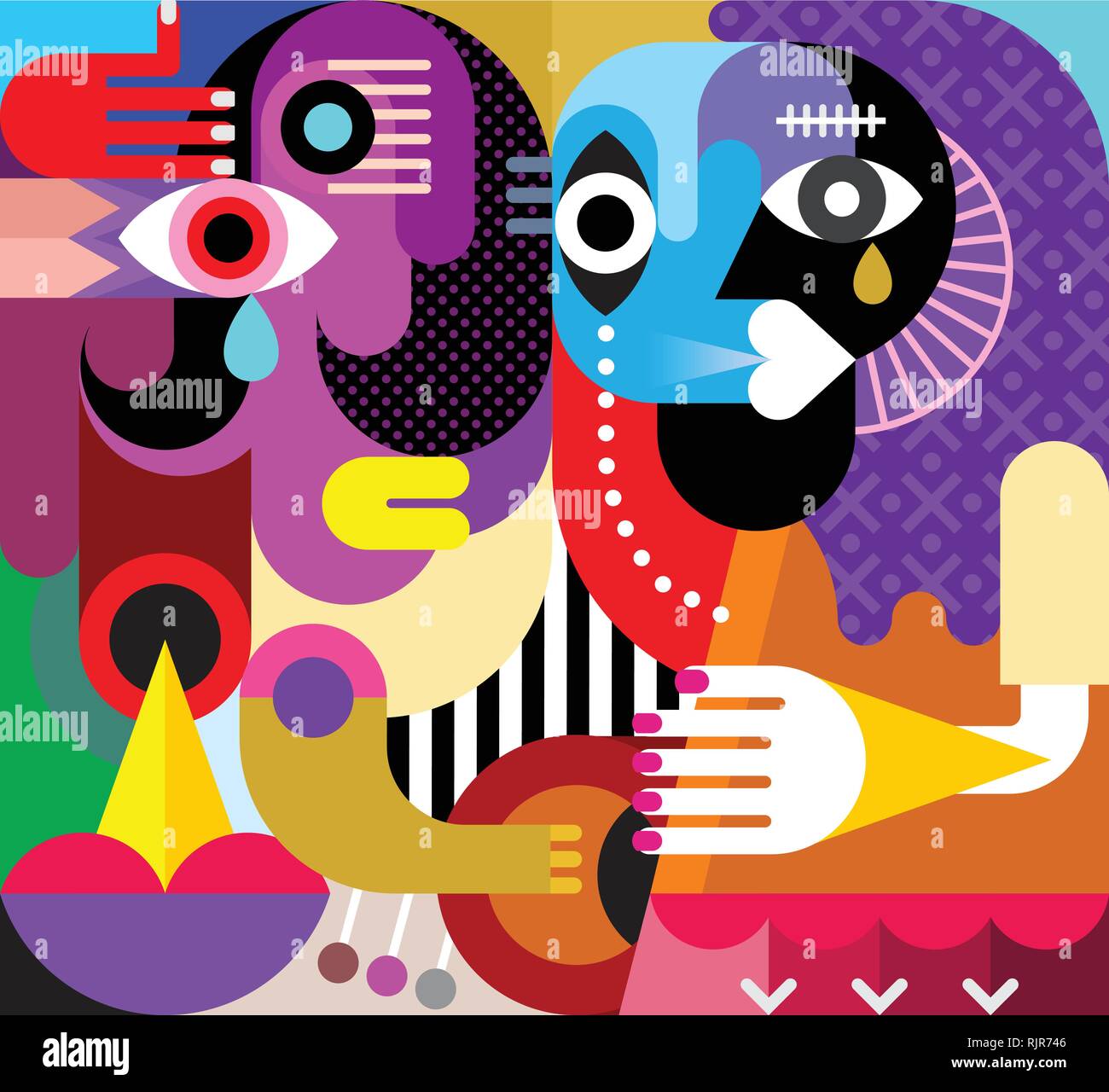 Abstract portrait of two crying women. Vector illustration. Modern fine ...