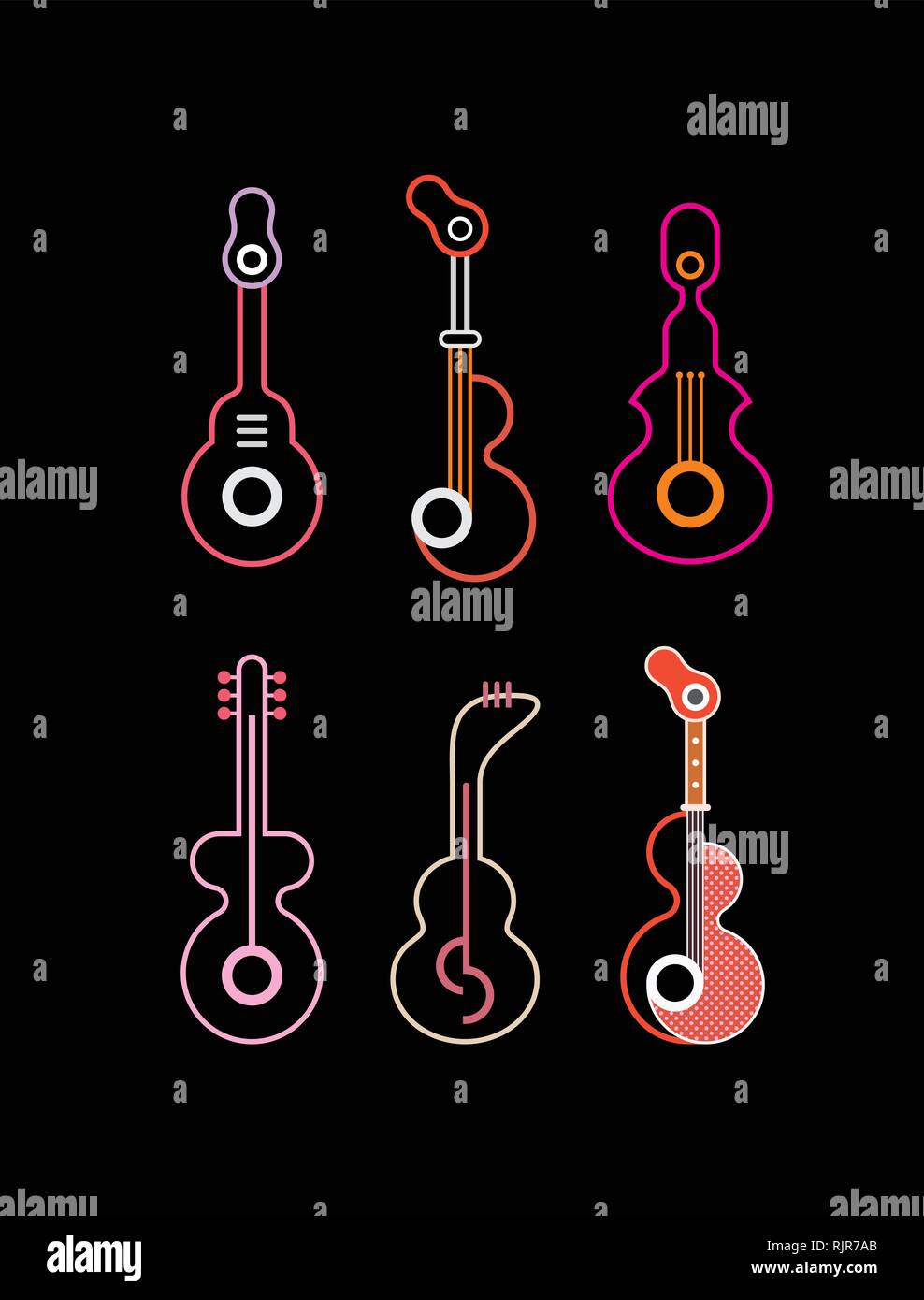 Neon Guitars - isolated colorful vector images on black background ...