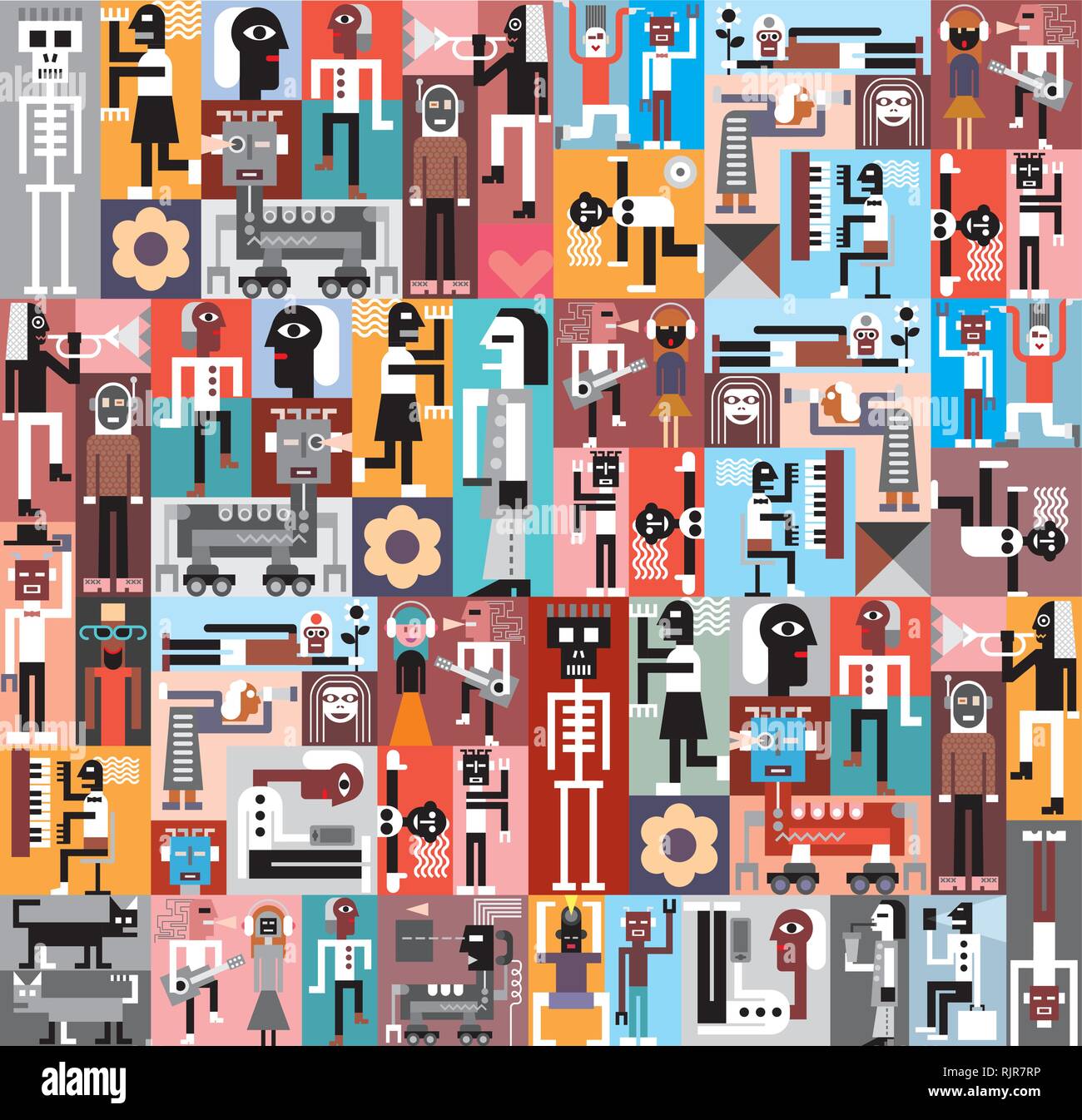 People and Robots. Vector graphic design. Composition of various ...