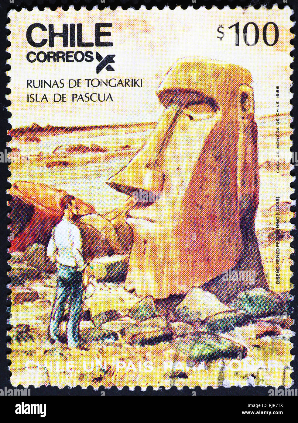 Giant head of Easter Island on chilean stamp Stock Photo - Alamy
