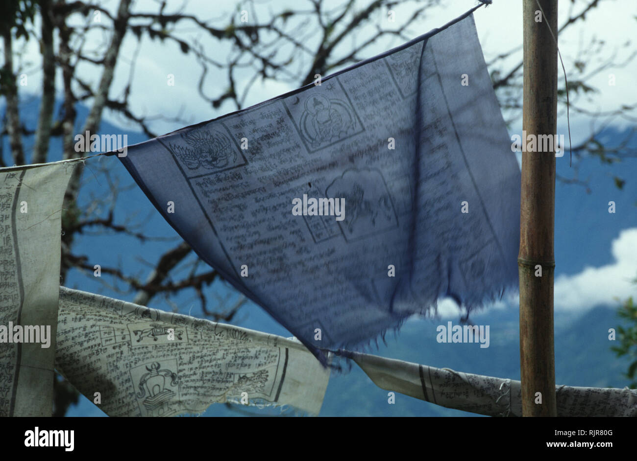 Caption: Pelling, Sikkim, India - Sep 1999. Prayer flags outside a ...