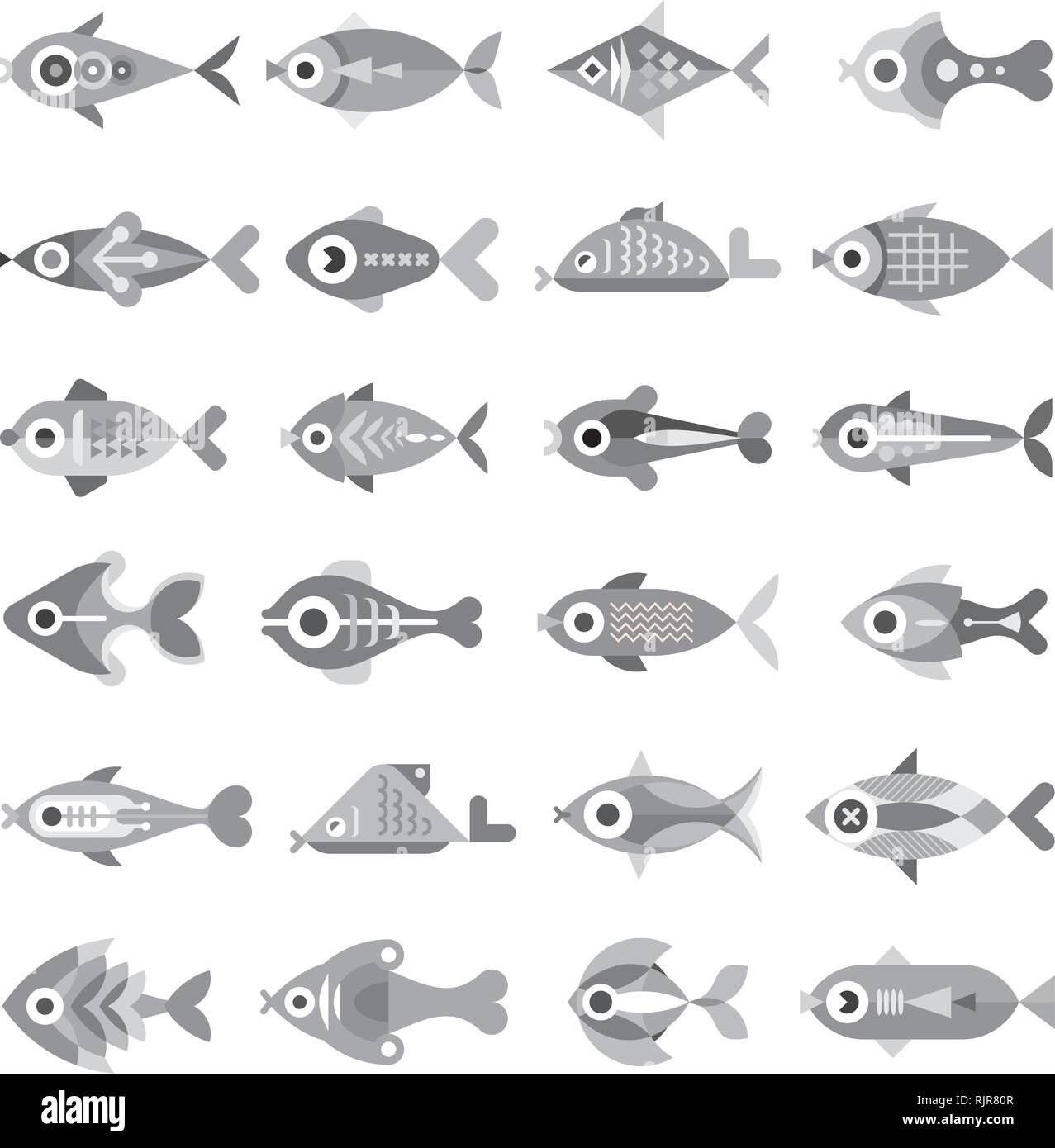 Fish grayscale vector icon set. Isolated on white background. Multiple ...