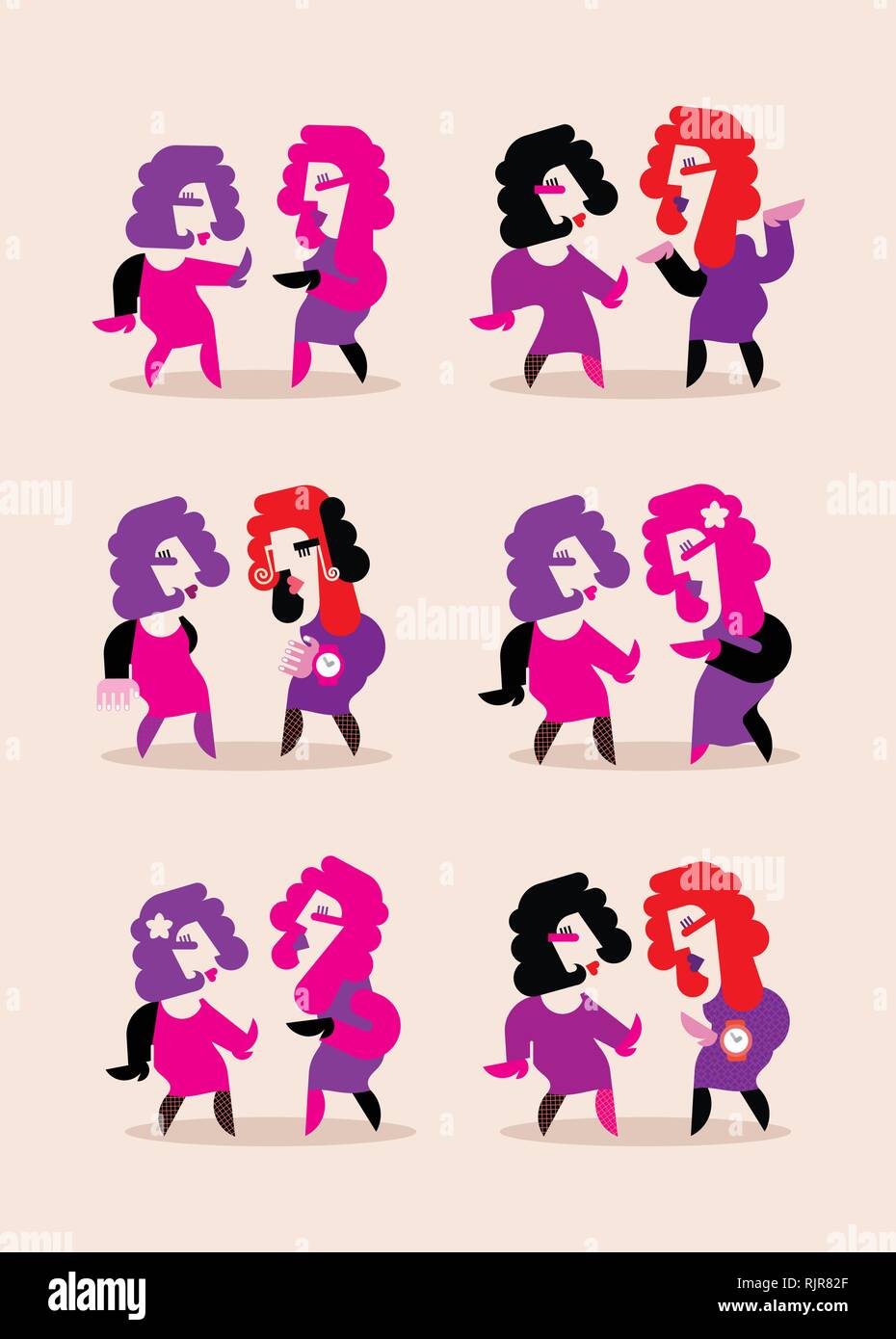 Two dancing women vector illustration. Six variants of isolated images ...