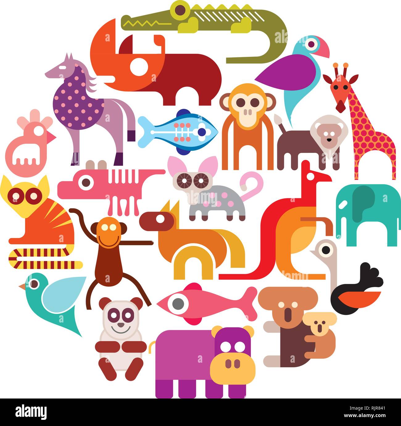 Zoo animals vector round illustration. Various isolated colorful icons ...