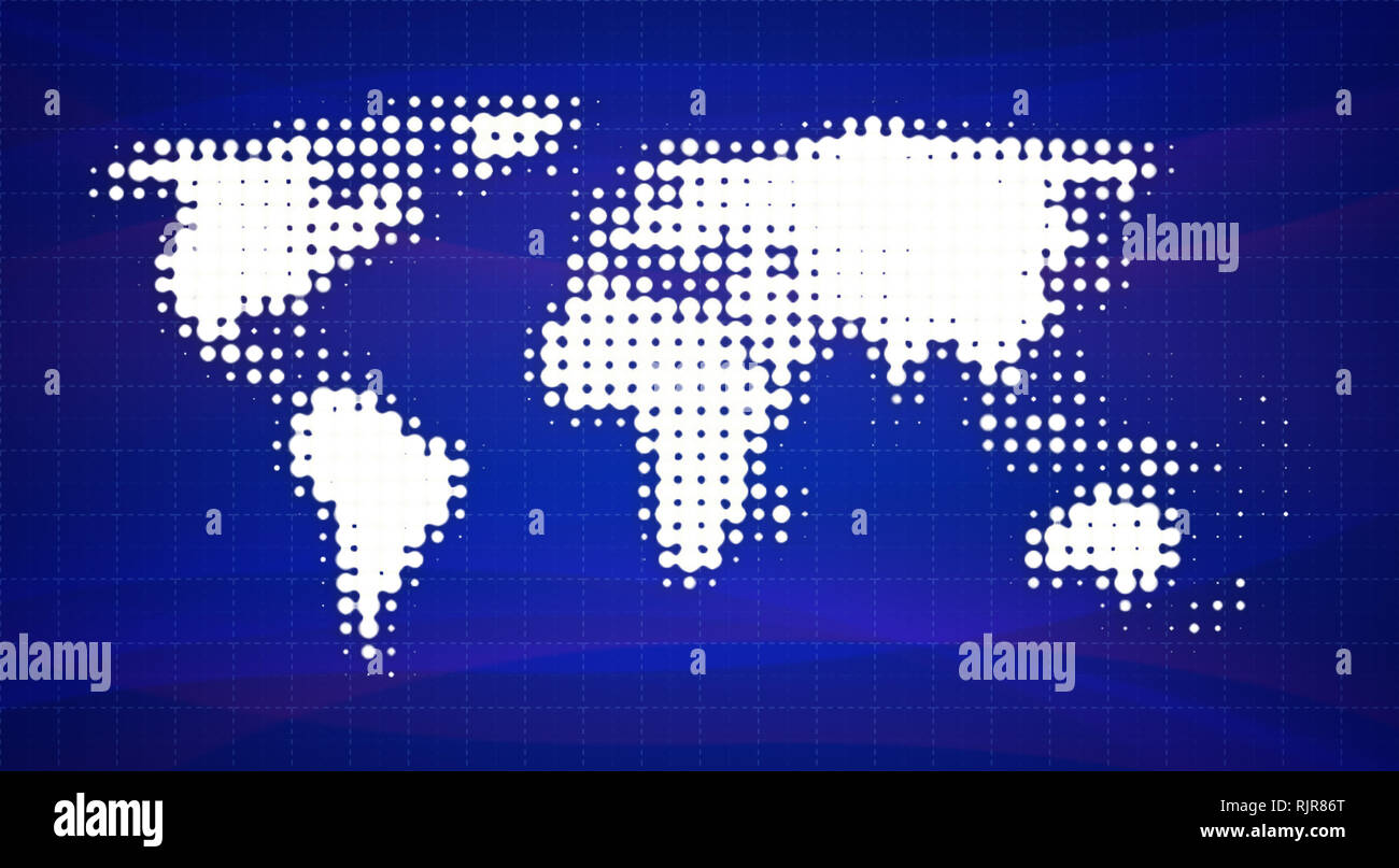 Abstract white dotted world map on a soft and blurred blue gradient ...