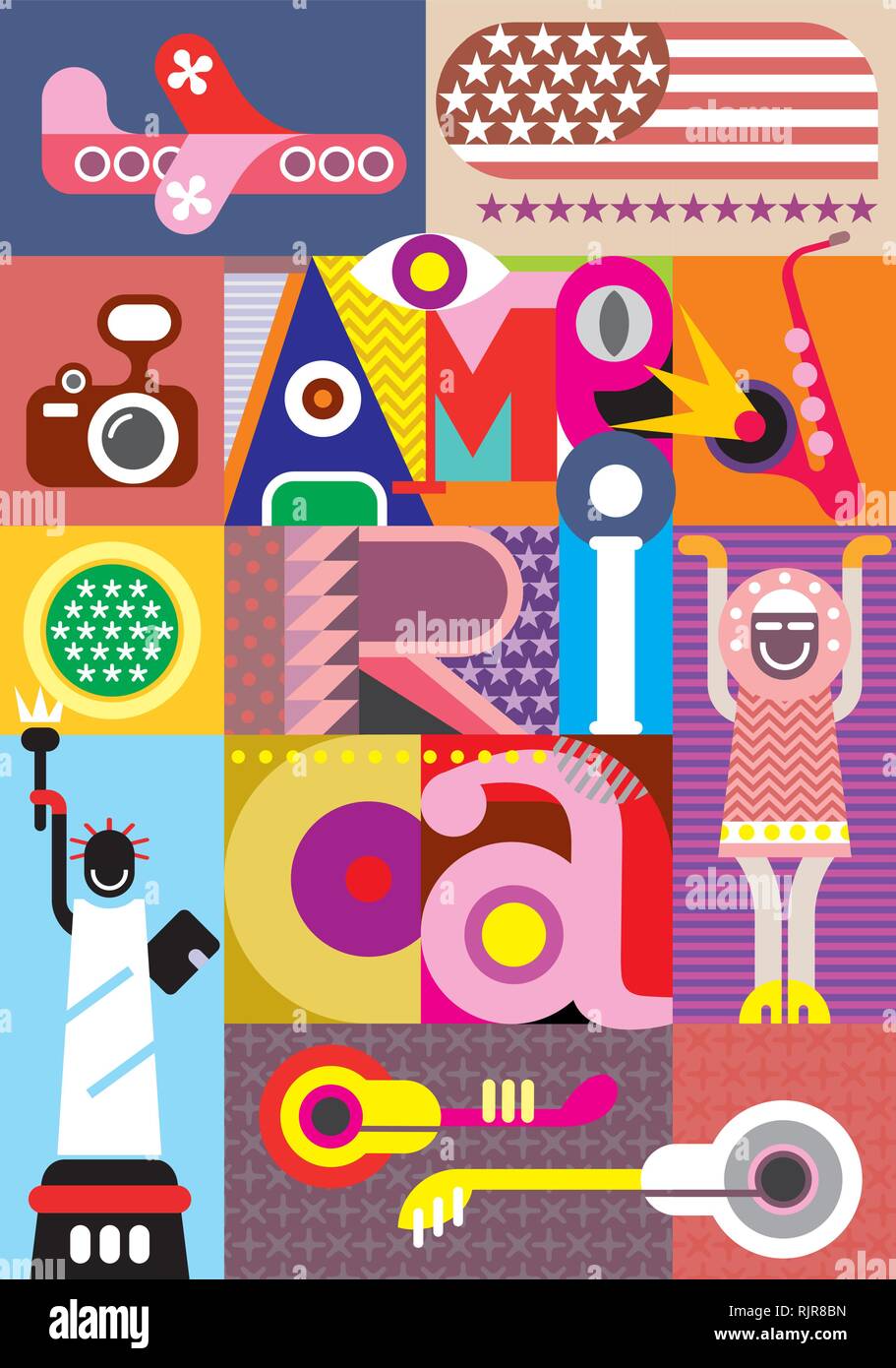 America - vector collage. Illustration with inscription "America Stock ...