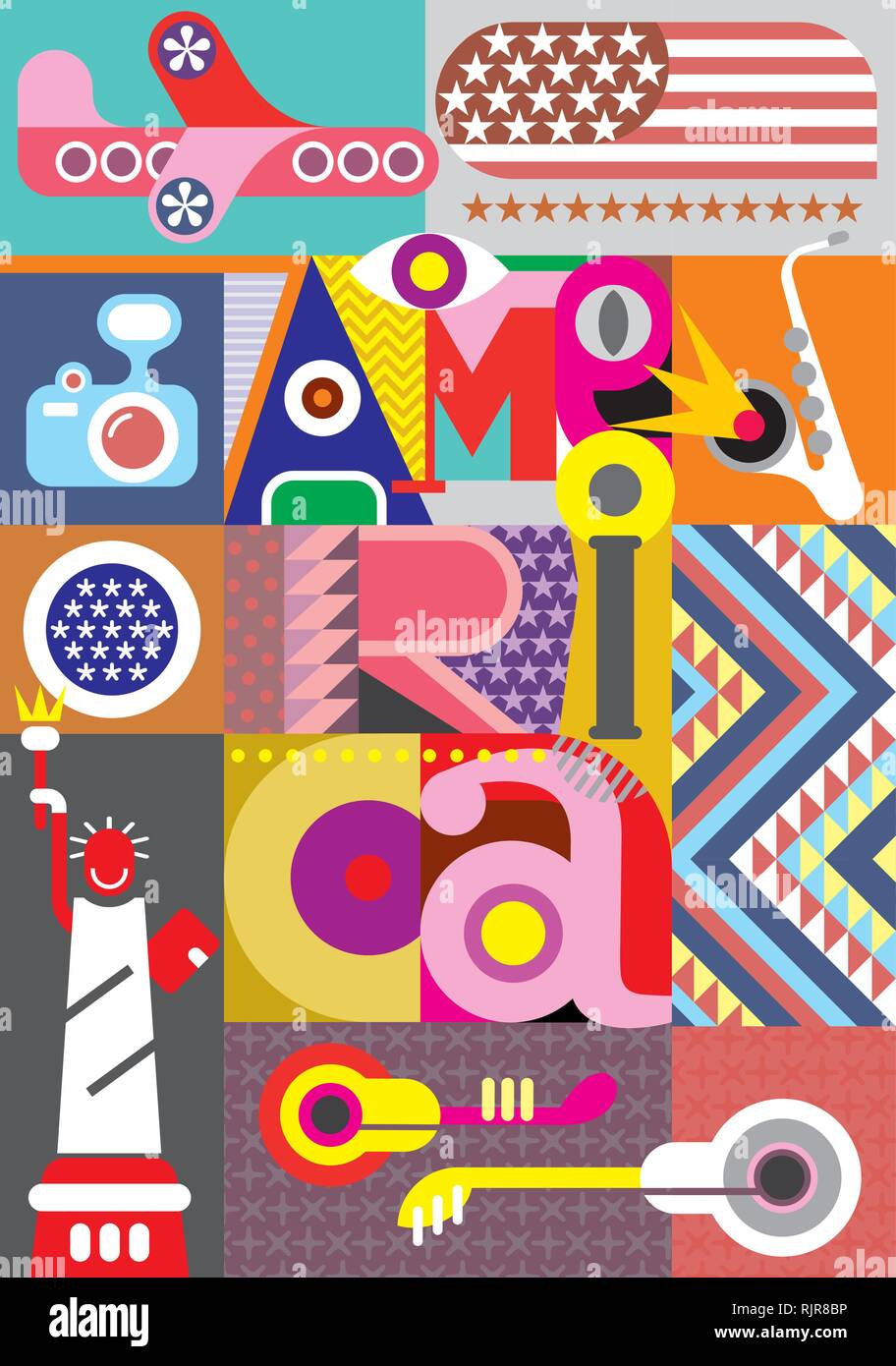 America - vector collage. Illustration with inscription "America Stock ...