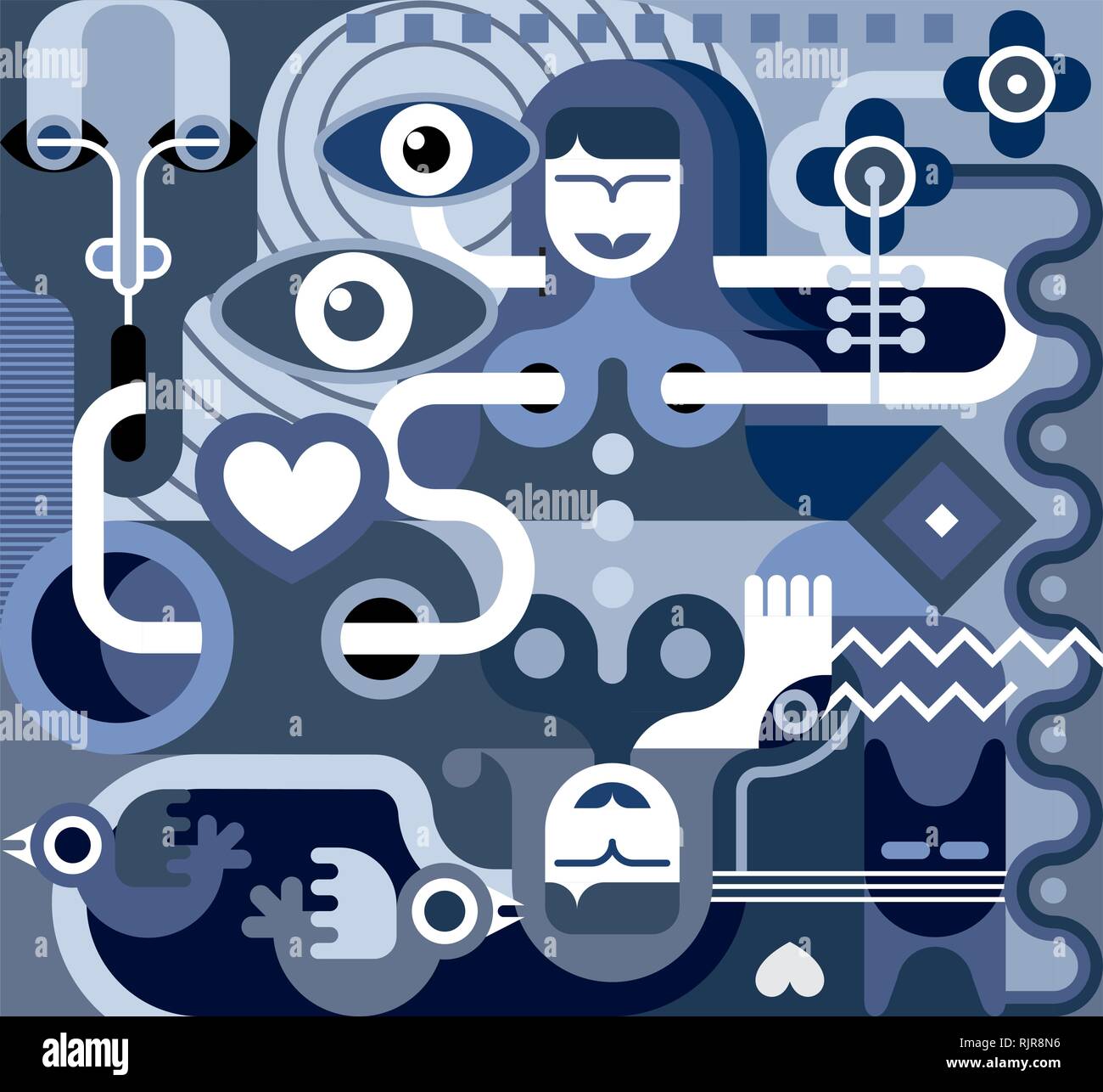 Dark blue portrait of woman - abstract vector illustration. Dreams ...