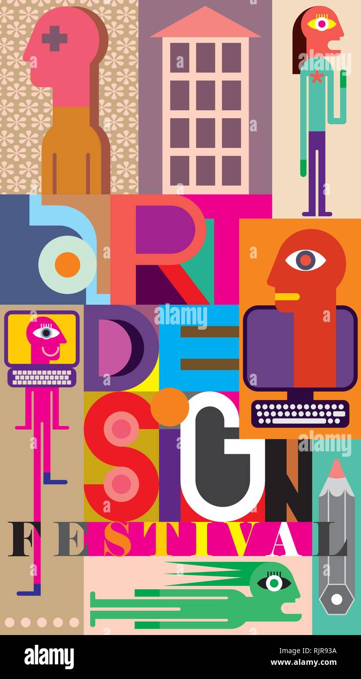 Color vector illustration. Composition of various images with text "Art ...