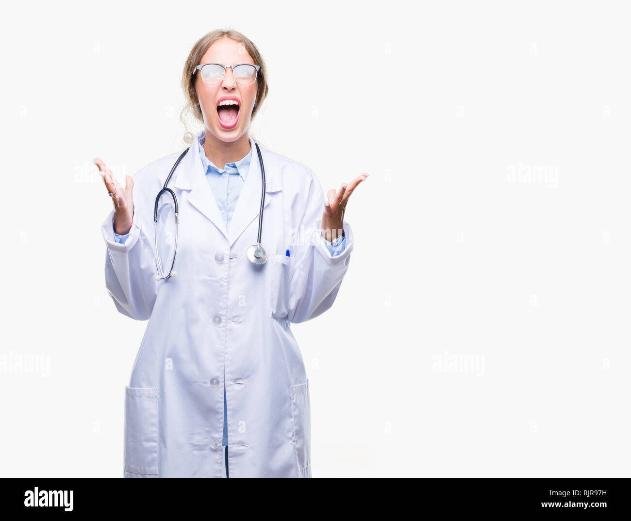 Beautiful young blonde doctor woman wearing medical uniform over ...