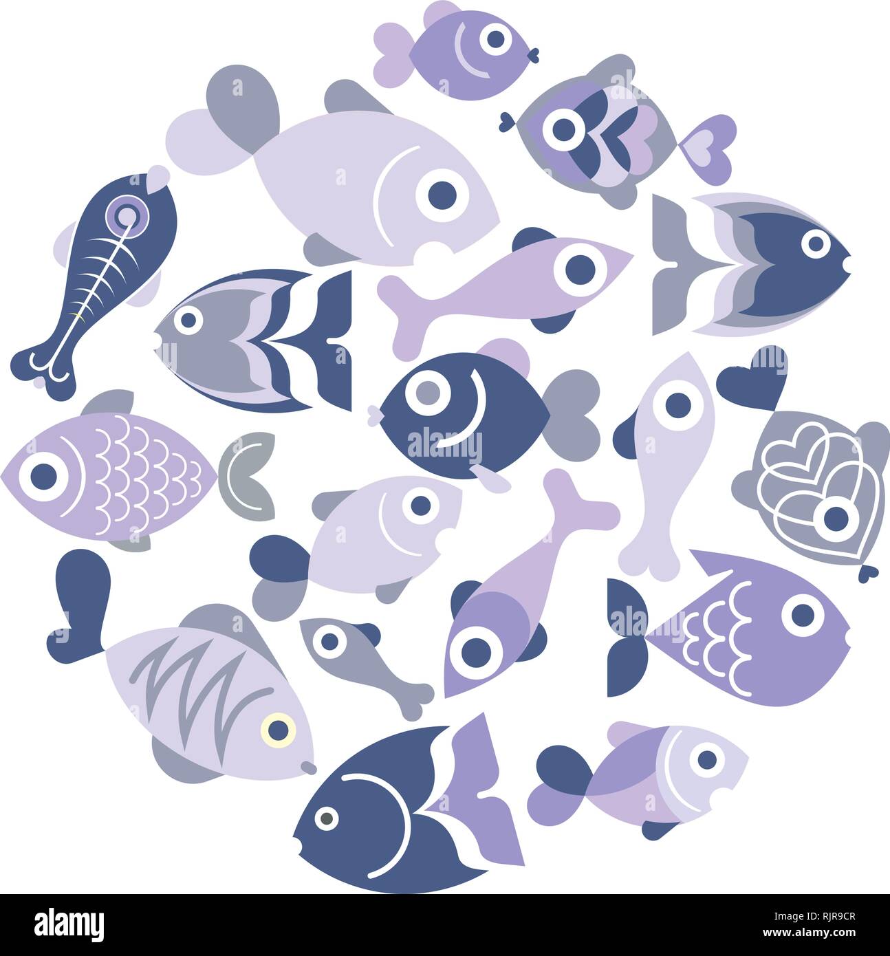 Blue aquarium fishes - isolated vector icons on white background. Round ...