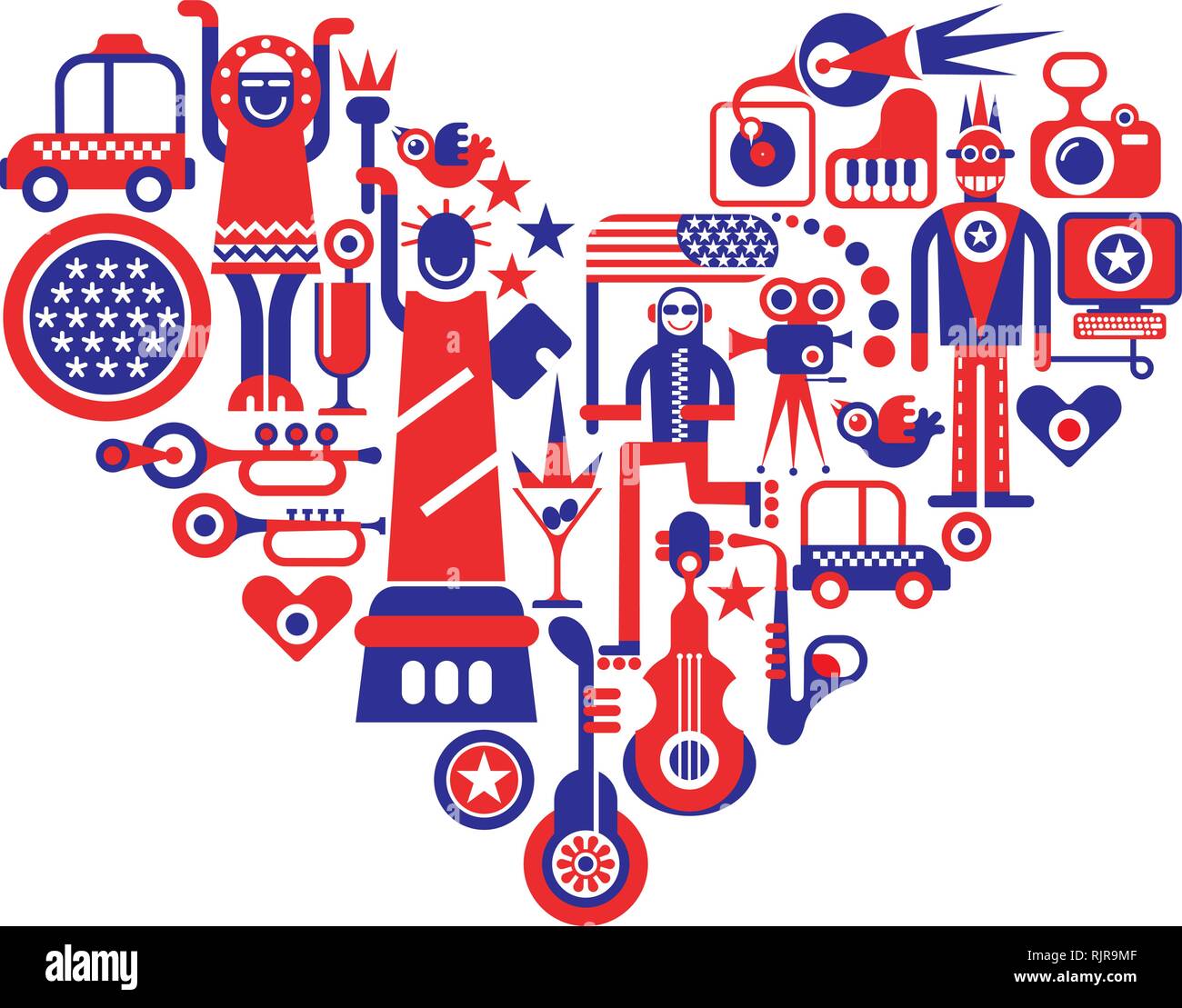 Love America - heart shape vector illustration. Red and blue icons on ...