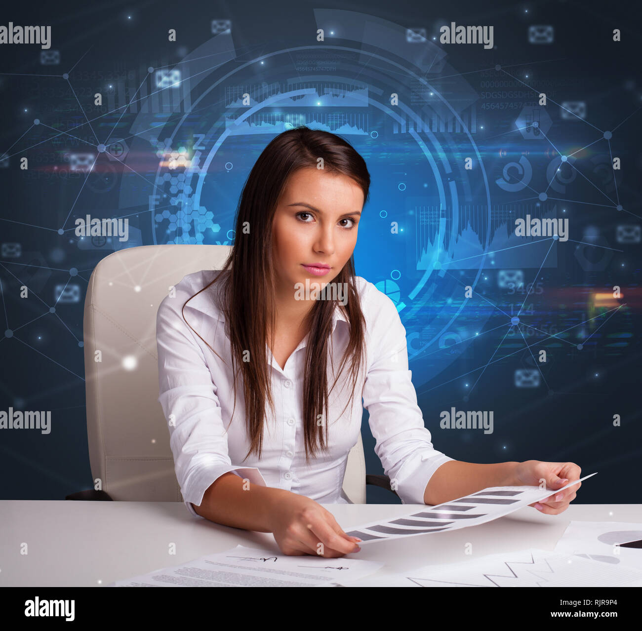 Manager in front of the office desk with connections and teamwork ...