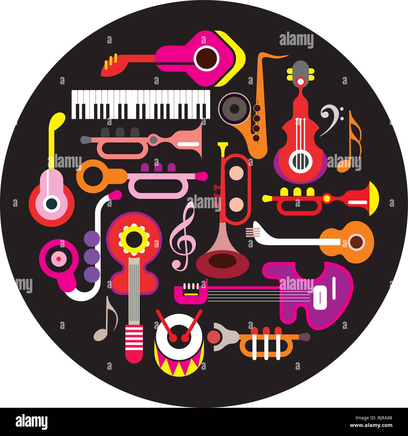 Musical instruments - round vector illustration on black background ...