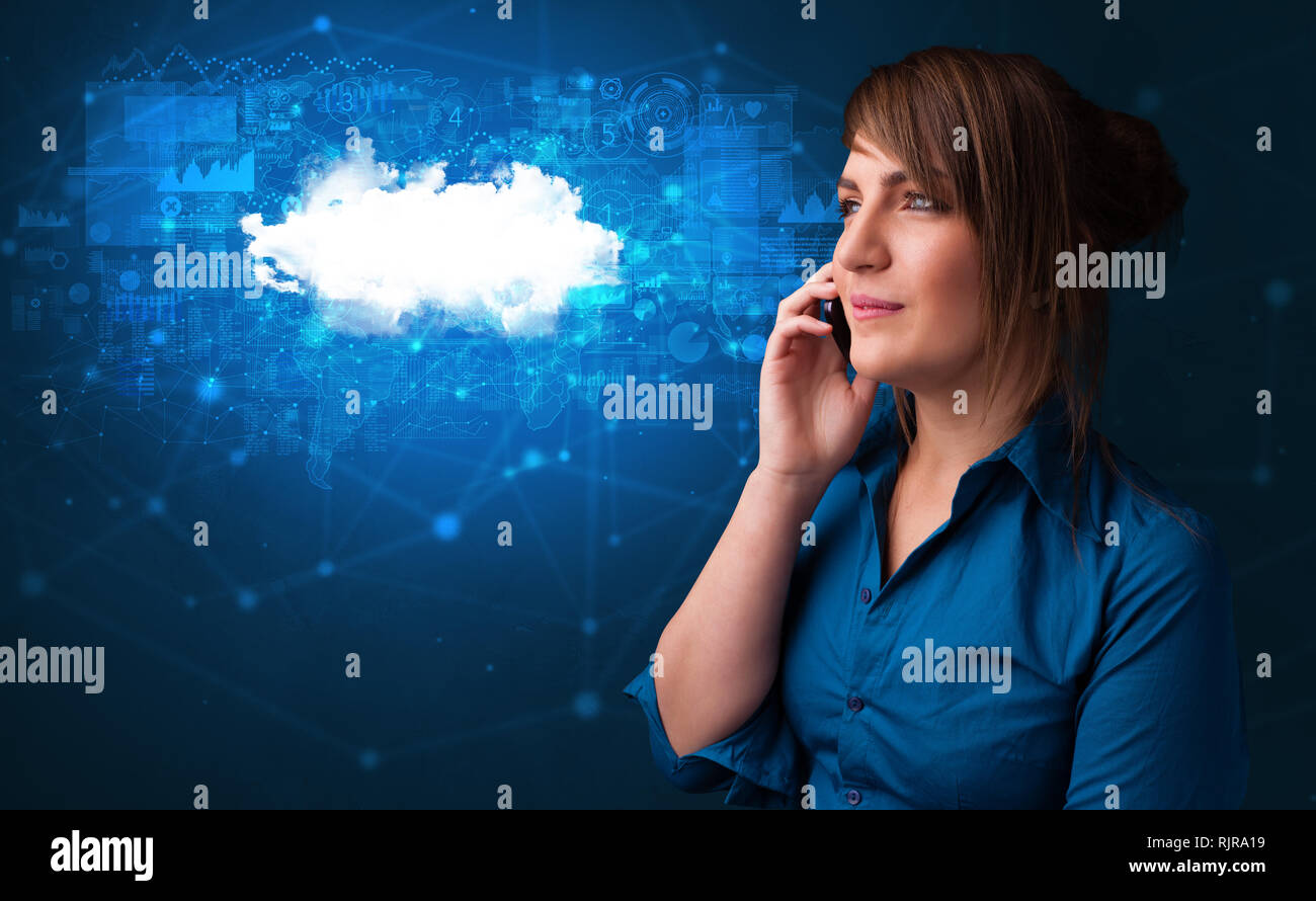 Person talking on the phone with blue cloud technology concept Stock ...