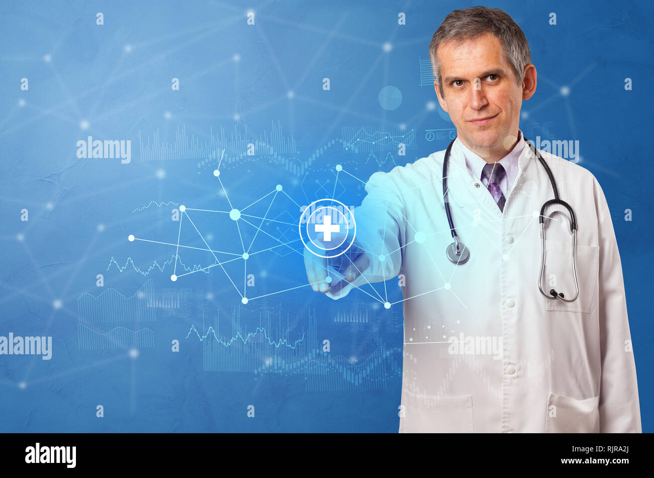 Doctor touching blue screen with virtual hospital concept Stock Photo ...