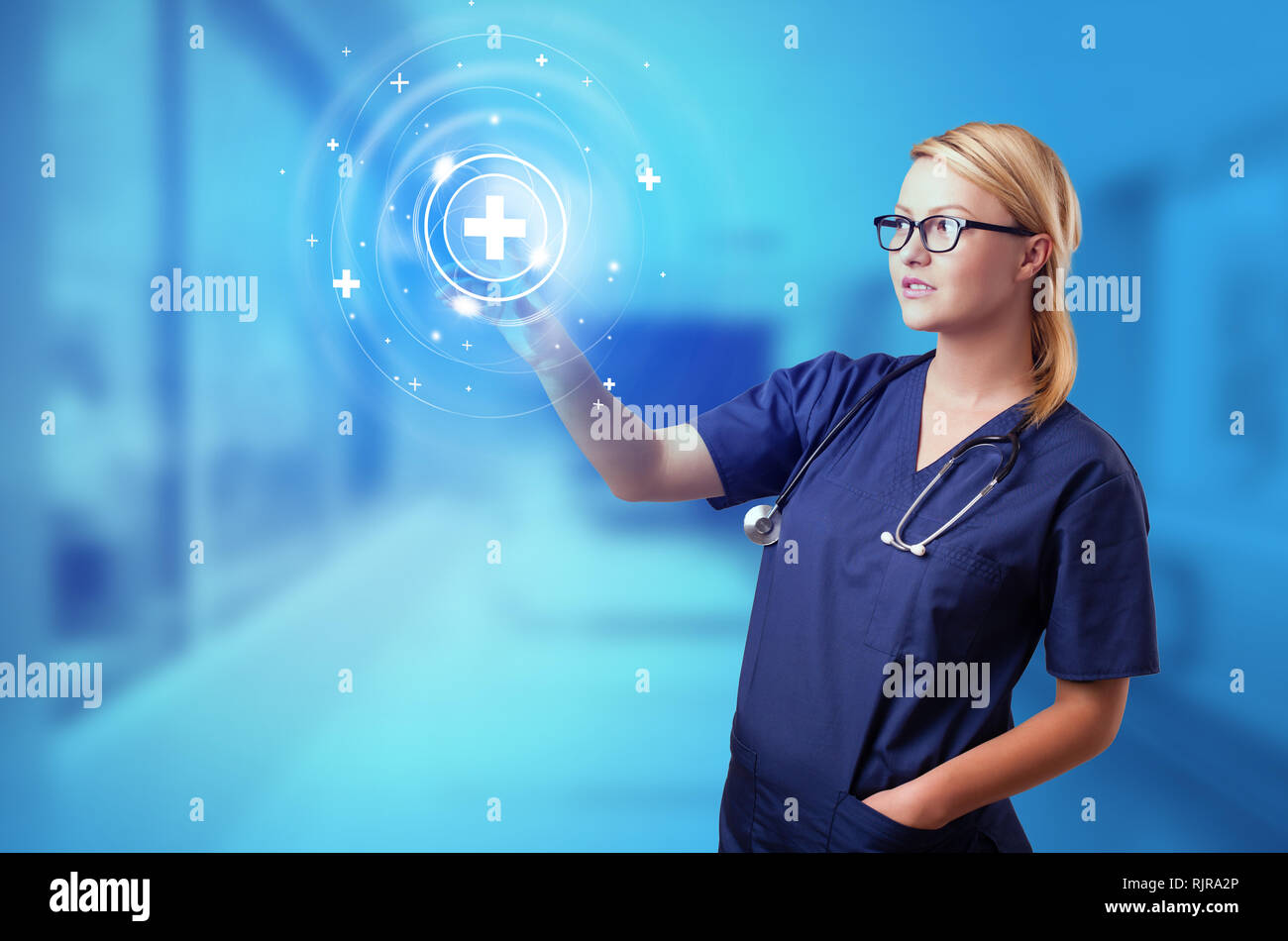 Doctor touching blue screen with call center concept Stock Photo - Alamy