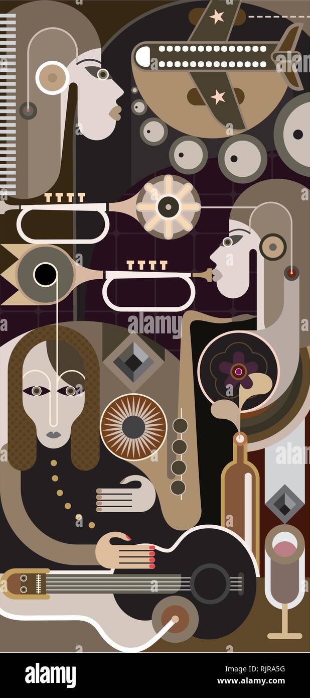 Three Women Playing Musical Instruments - vector background. Art ...