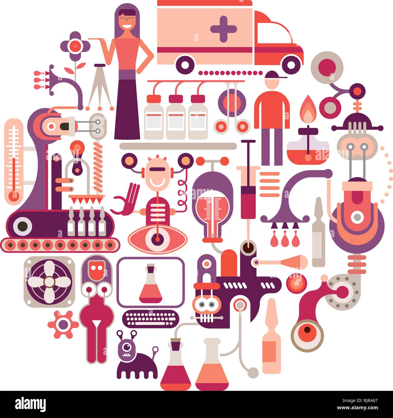 Pharmaceutical laboratory - round vector illustration on white ...