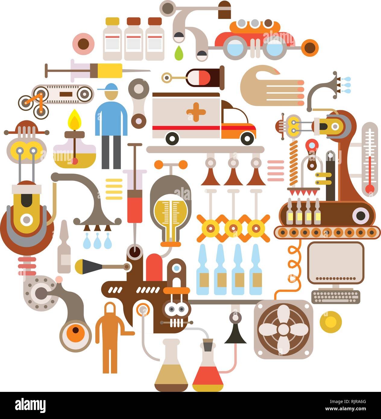Pharmaceutical laboratory - round vector illustration on white ...