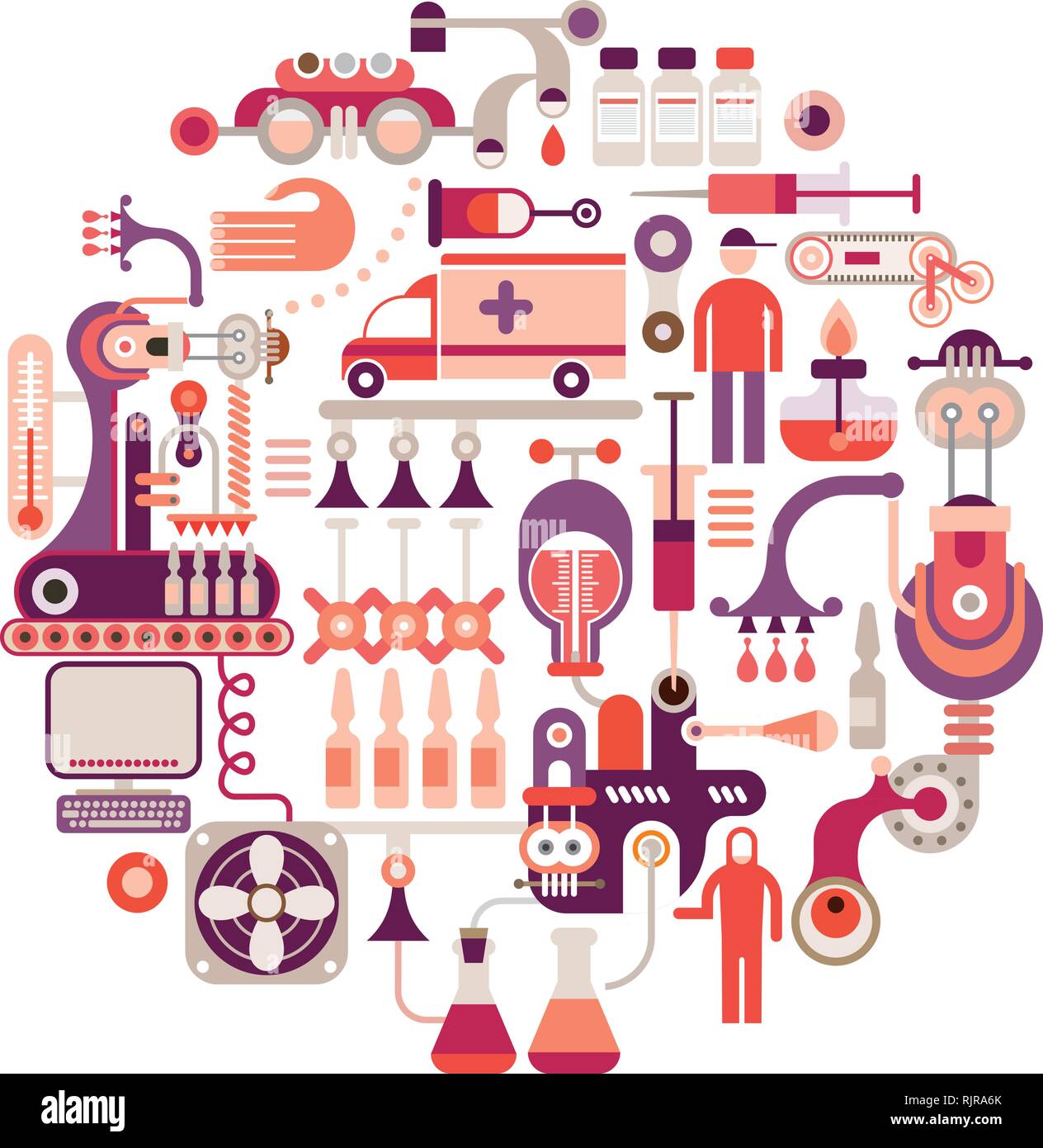 Pharmaceutical laboratory - round vector illustration on white ...