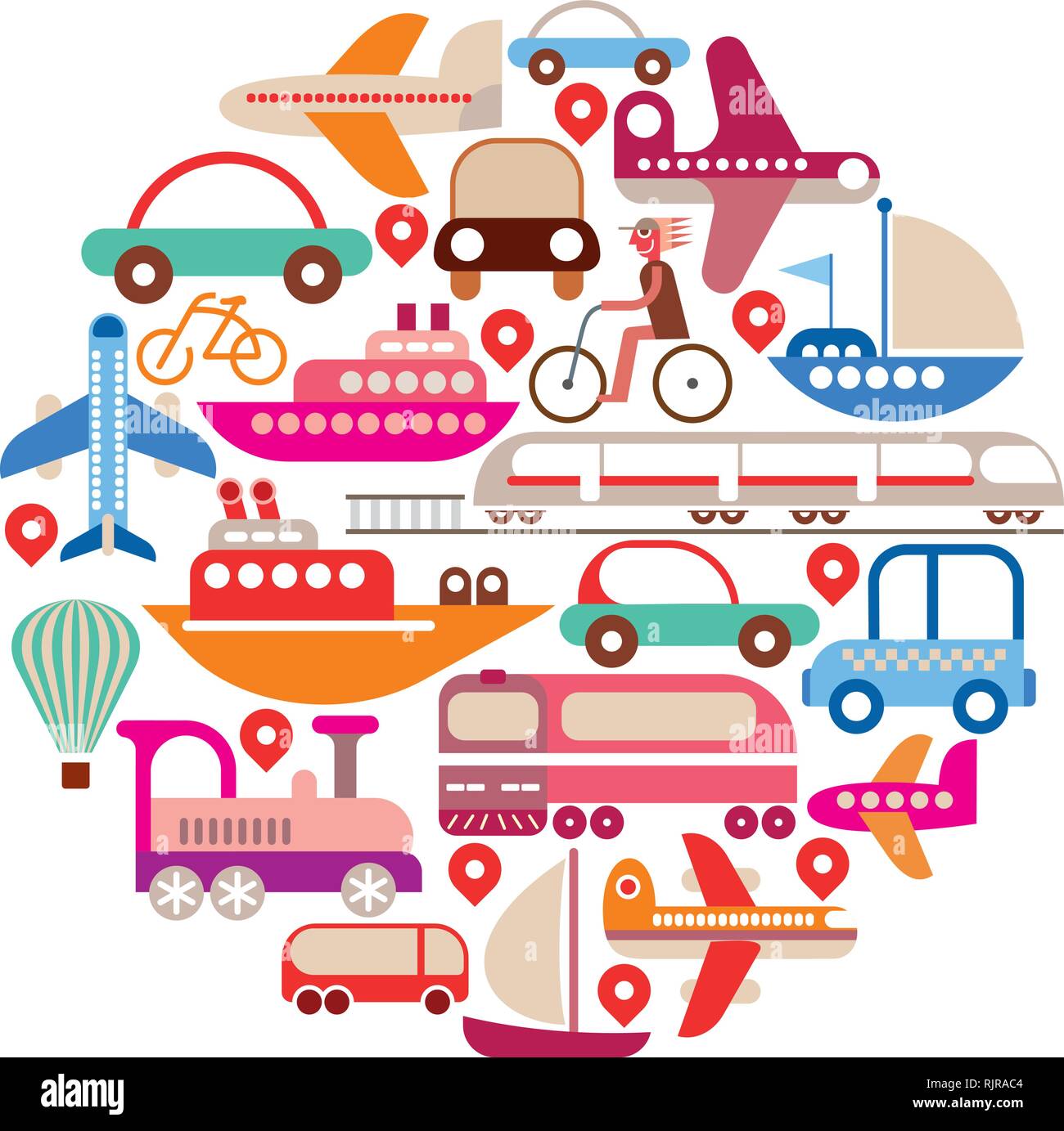 Travel and Transport - isolated round vector illustration on white ...