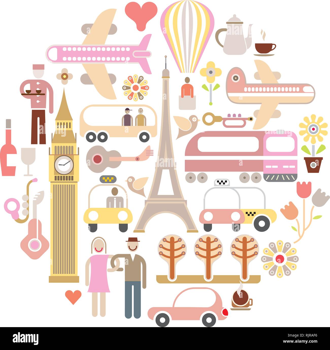 Travel - isolated vector illustration on white background. Round shape ...