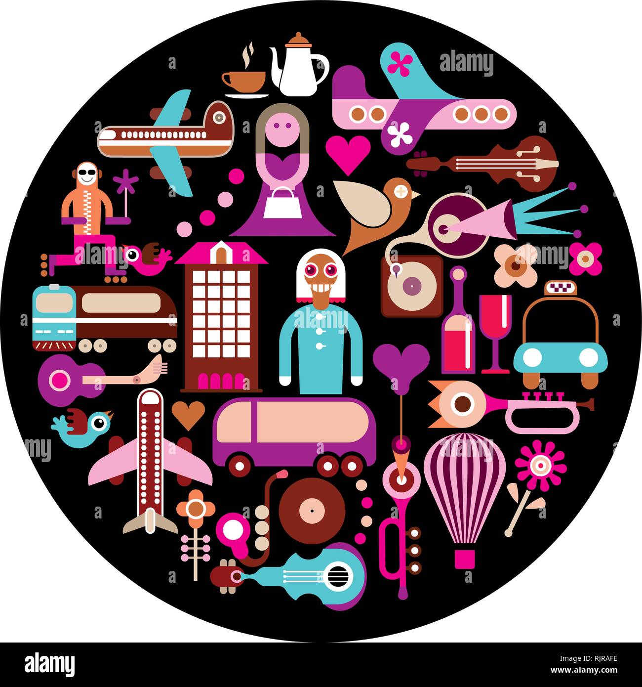 Travel - isolated vector illustration on black background. Round shape ...
